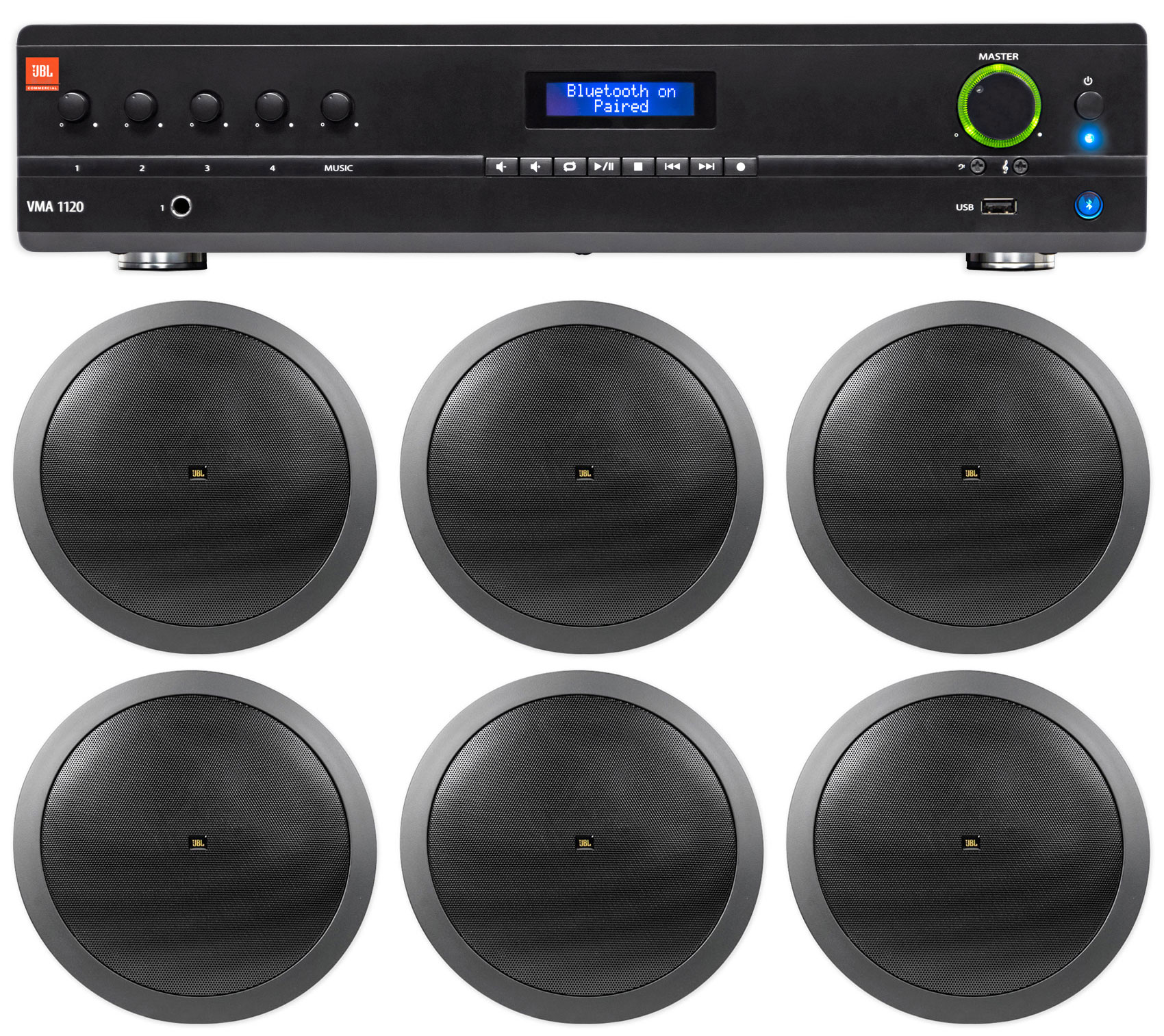 JBL VMA1120 Commercial/Restaurant 120W 70v Amplifier+(6) JBL Black 6.5 ...