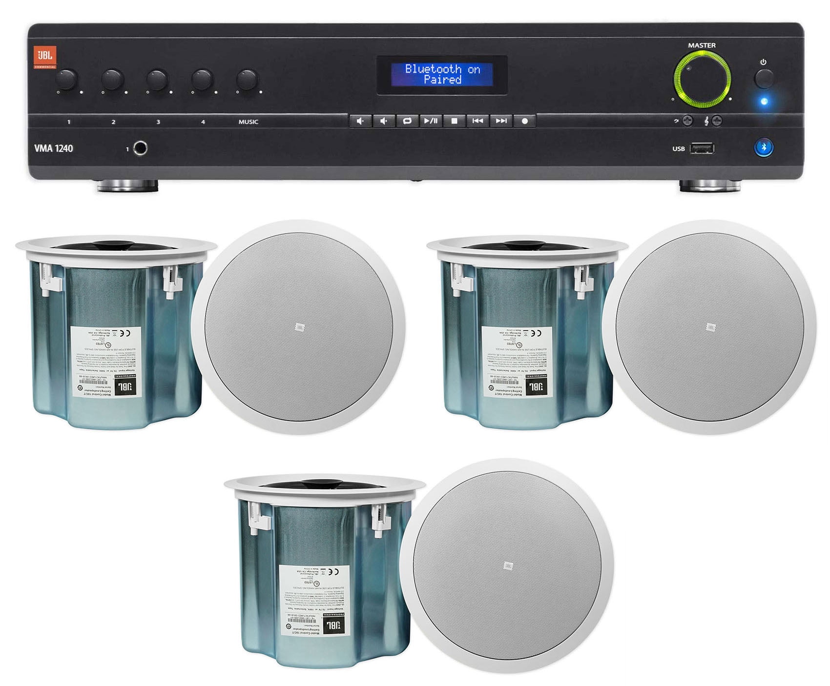 JBL VMA1240 240W 70v Amplifier+(6) JBL White 8" Ceiling Speakers For ...
