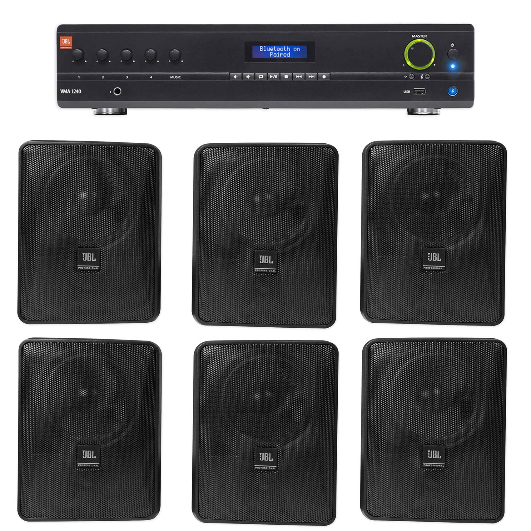 JBL VMA1240 Commercial/Restaurant 240W 70v Amplifier+(6) JBL Black Wall ...