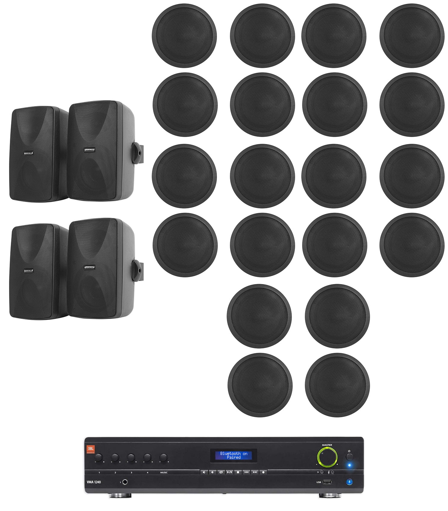 JBL VMA1240 Commercial/Restaurant Receiver+4) Wall+20) Ceiling Speakers ...