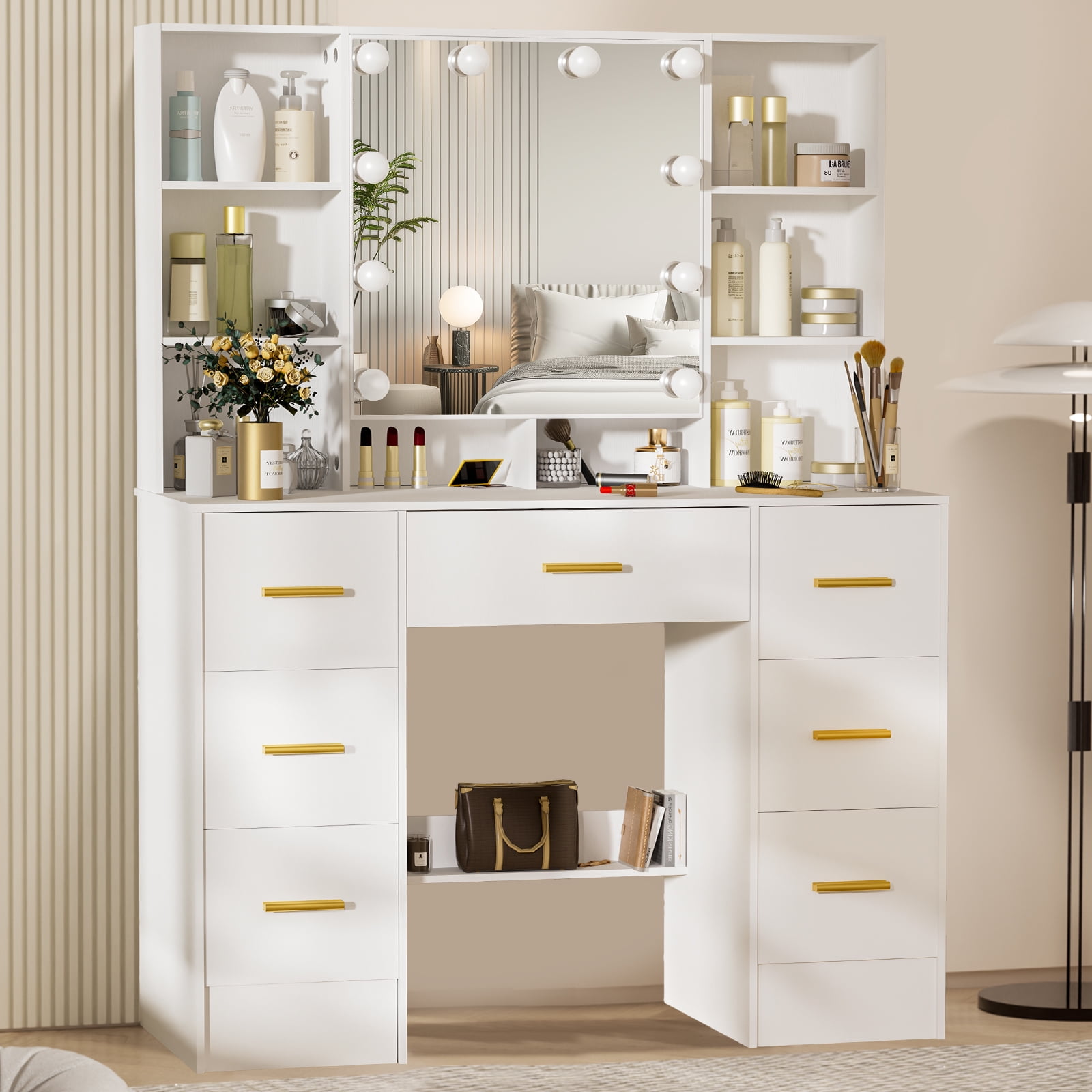 JBLCC Makeup Vanity Desk with Lighted Mirror, Vanity Set w/ Drawers ...