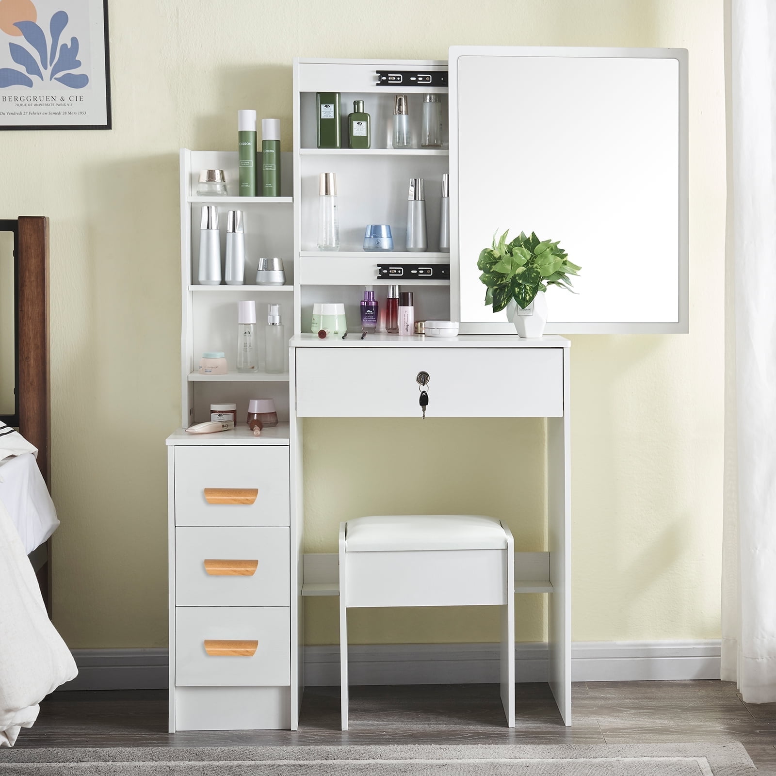 JBLCC Wood Tabletop Makeup Vanity Table w/ Lighted Mirror, Stool ...