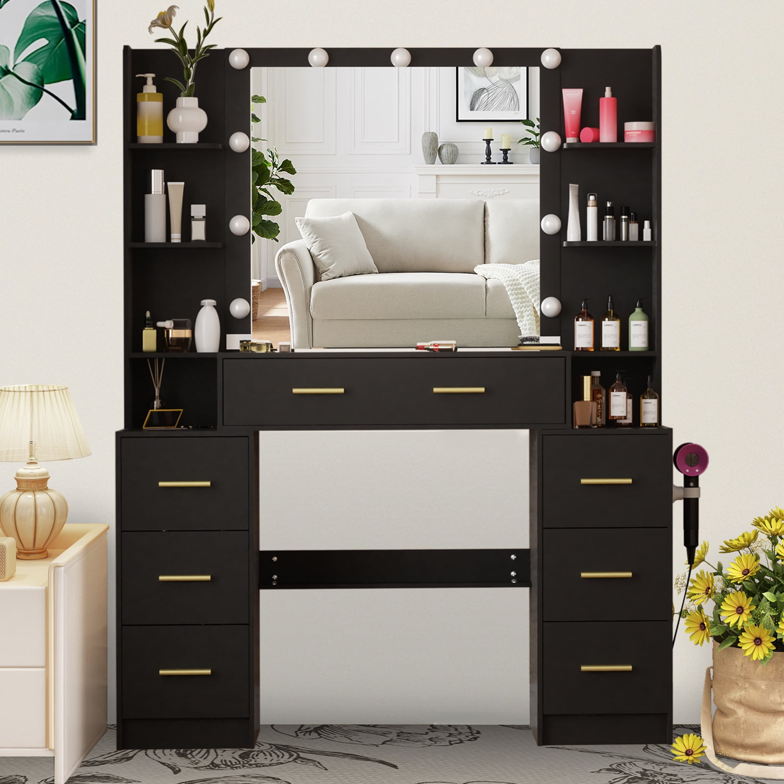 JBLCC Makeup Vanity Table with 3 Color Lighted Mirror, Modern Vanity ...