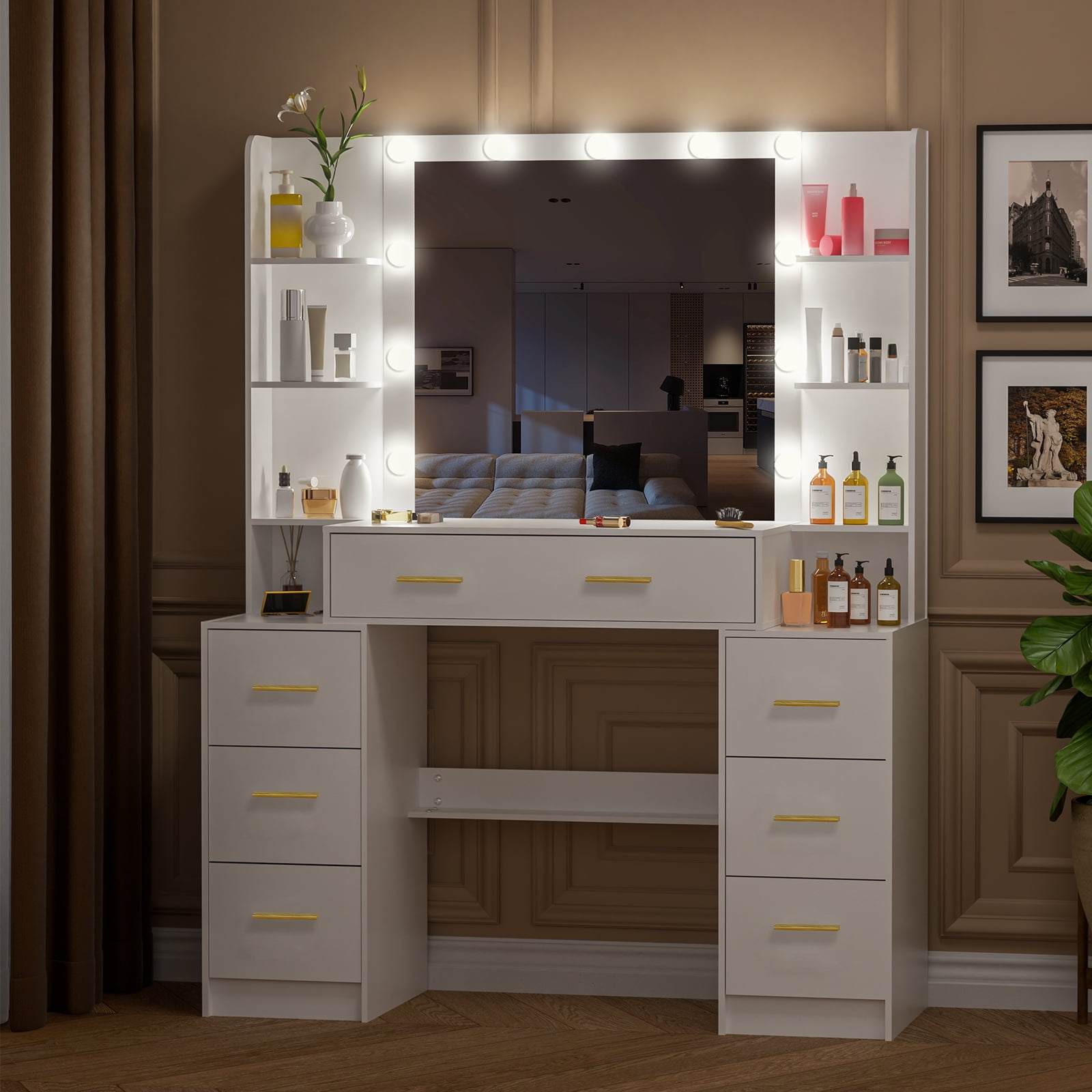 JBLCC Makeup Vanity Table with 3 Color Lighted Mirror, Modern Vanity ...