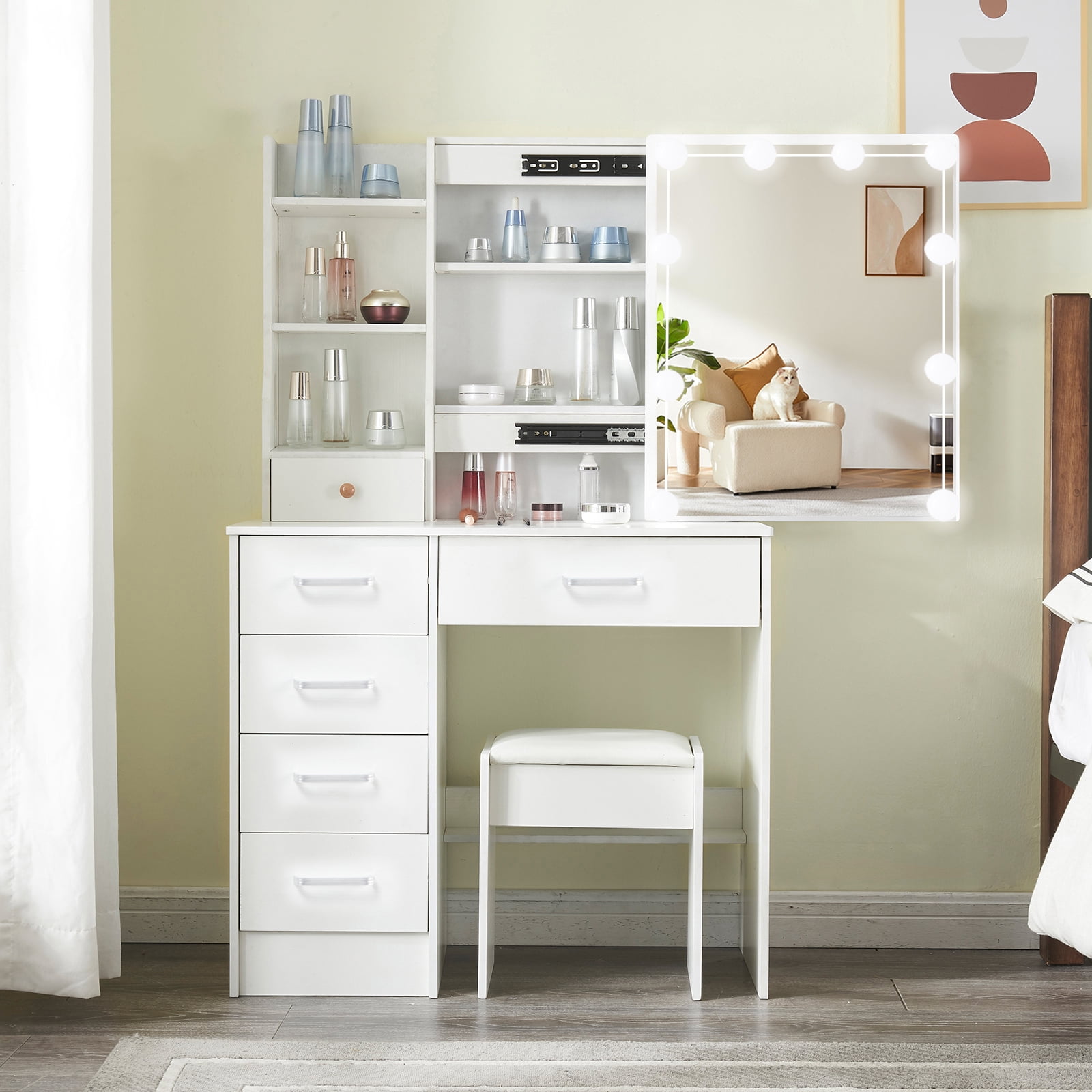 JBLCC White Vanity Set: Modern Desk with Lighted Mirror, 6 Drawers ...