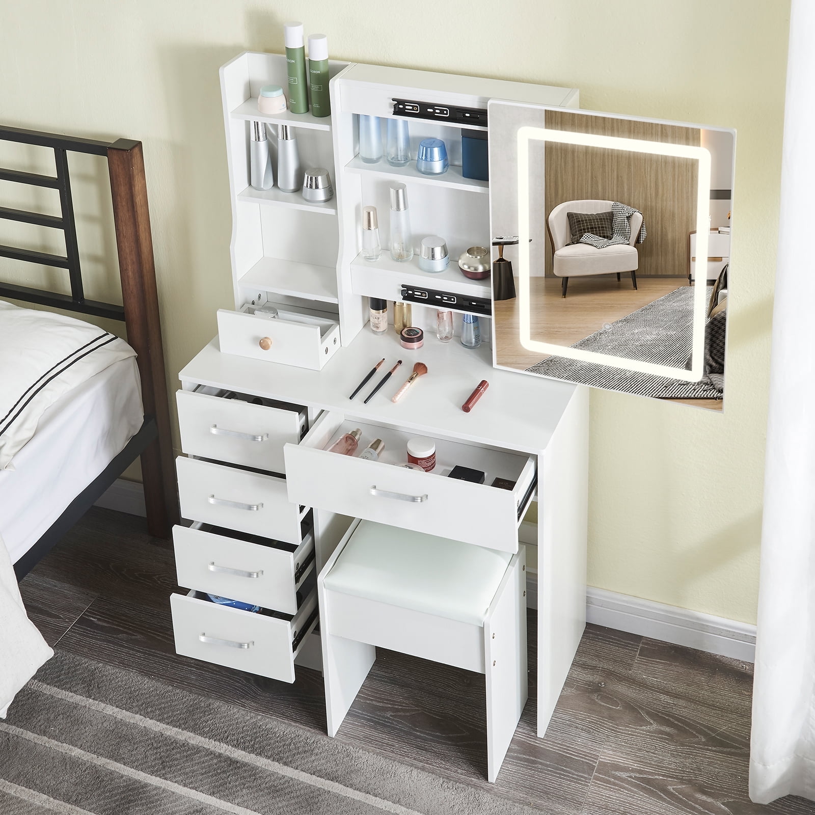 JBLCC Vanity Set with Lighted Mirror, White Makeup Table with Drawers ...