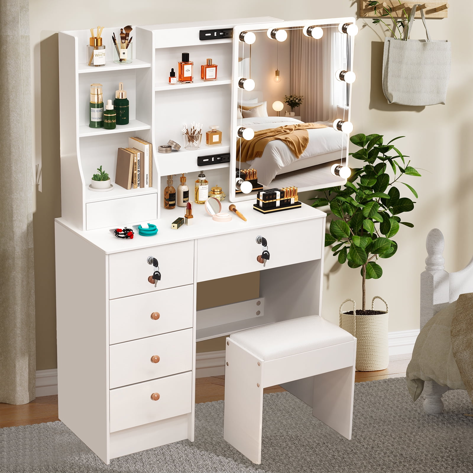 JBLCC White Vanity Set with Mirror and LED Lights, Wooden Dressing ...