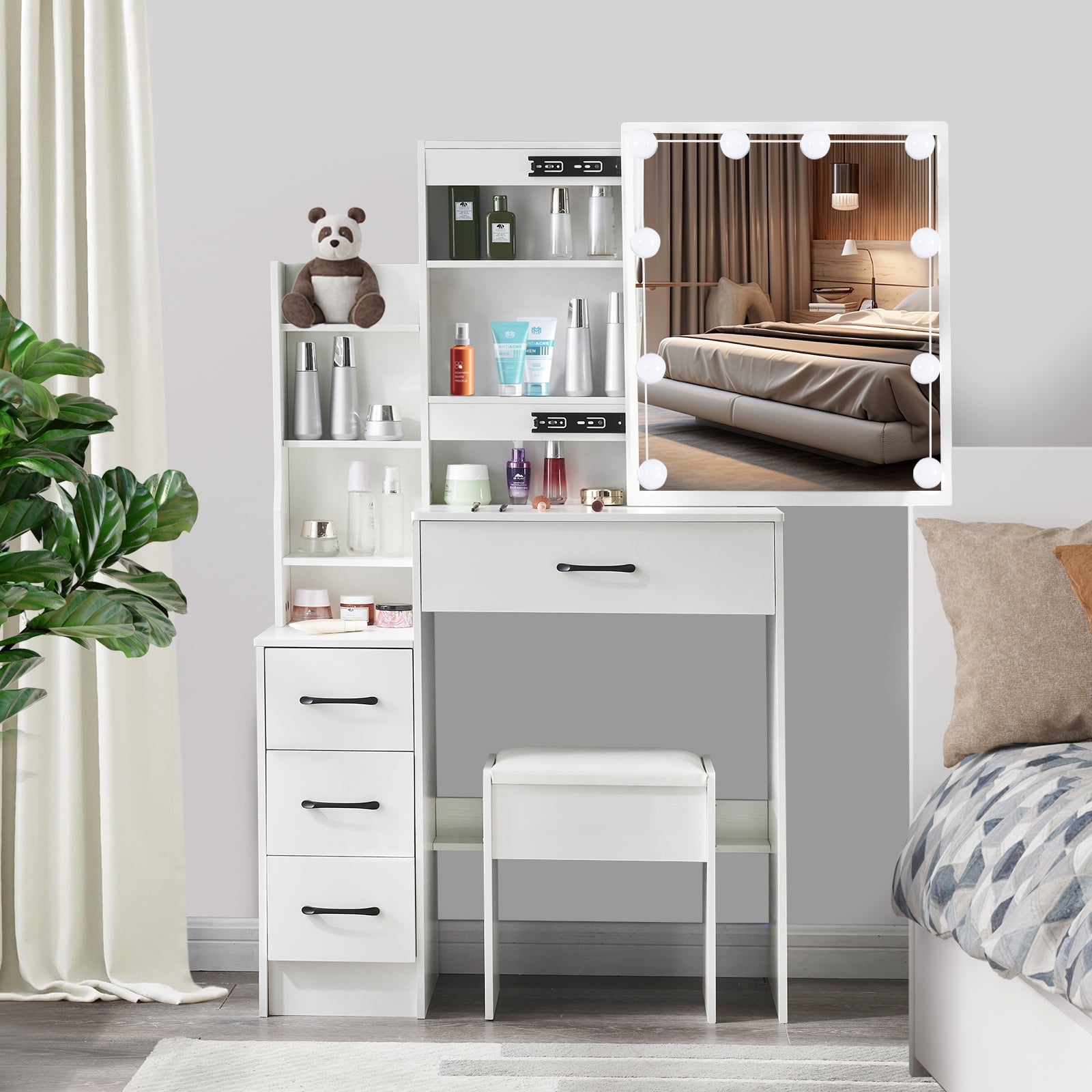 JBLCC White Vanity Table Set with Sliding Mirror, Modern Makeup Desk ...