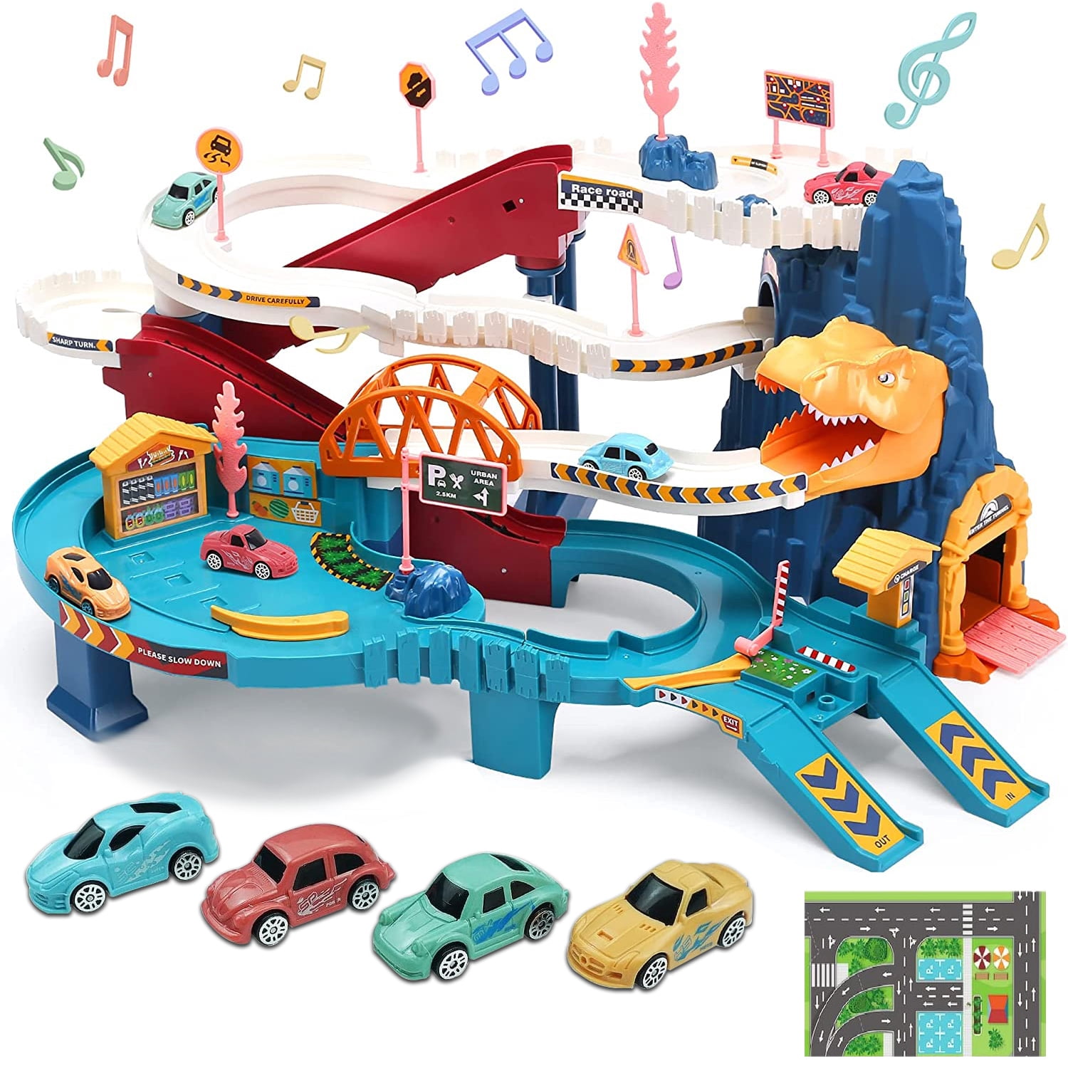 JBee Ctrl Dinosaur Toys Vehicle Playset, 4 Mini Cars, Activity Playmat ...