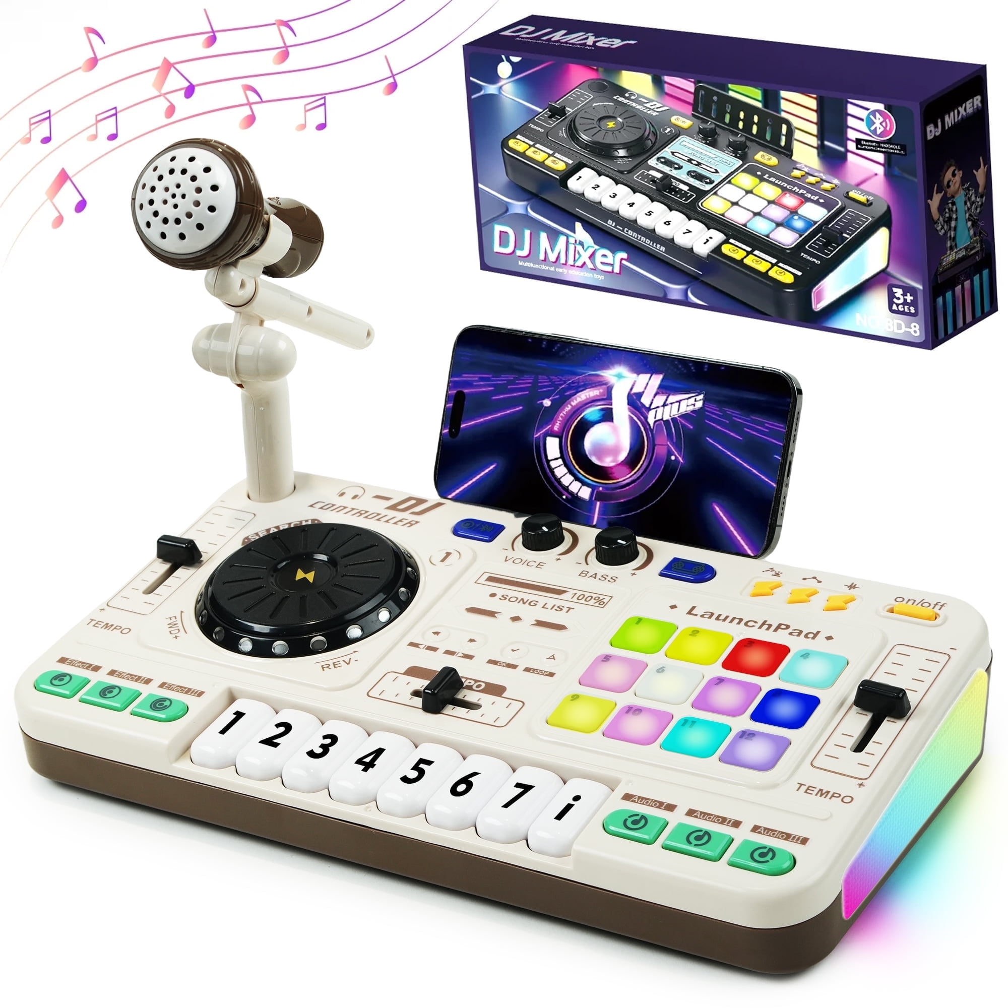 JBeeCtrl DJ Mixer for Kids with Microphone, Piano&BT Light up DJ Turntable with 12 Midi DJ ...