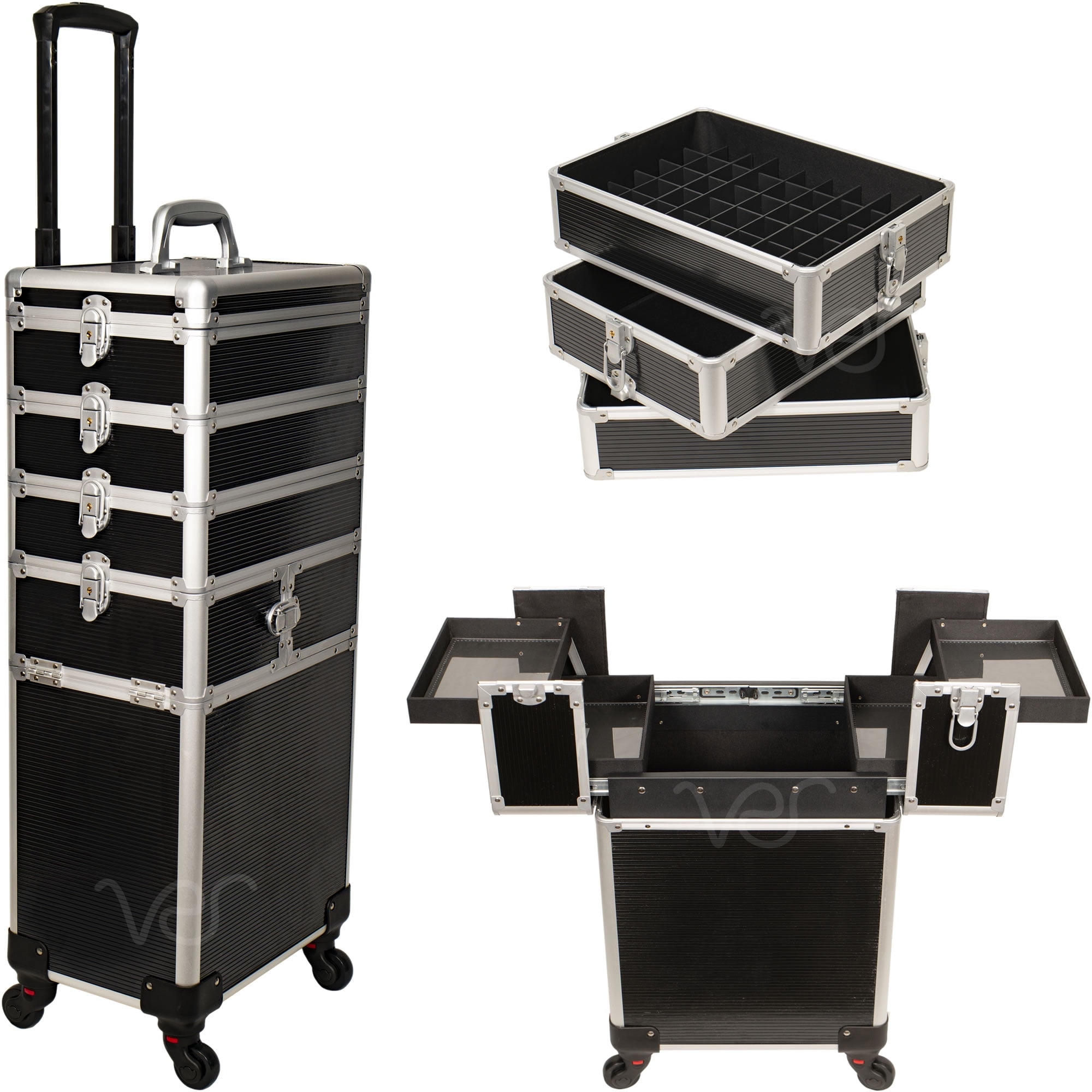 JC Beauty 9-in-1 Professional Makeup Trolley with Extra Drawers, Traveling Artist Case, Aluminum ...