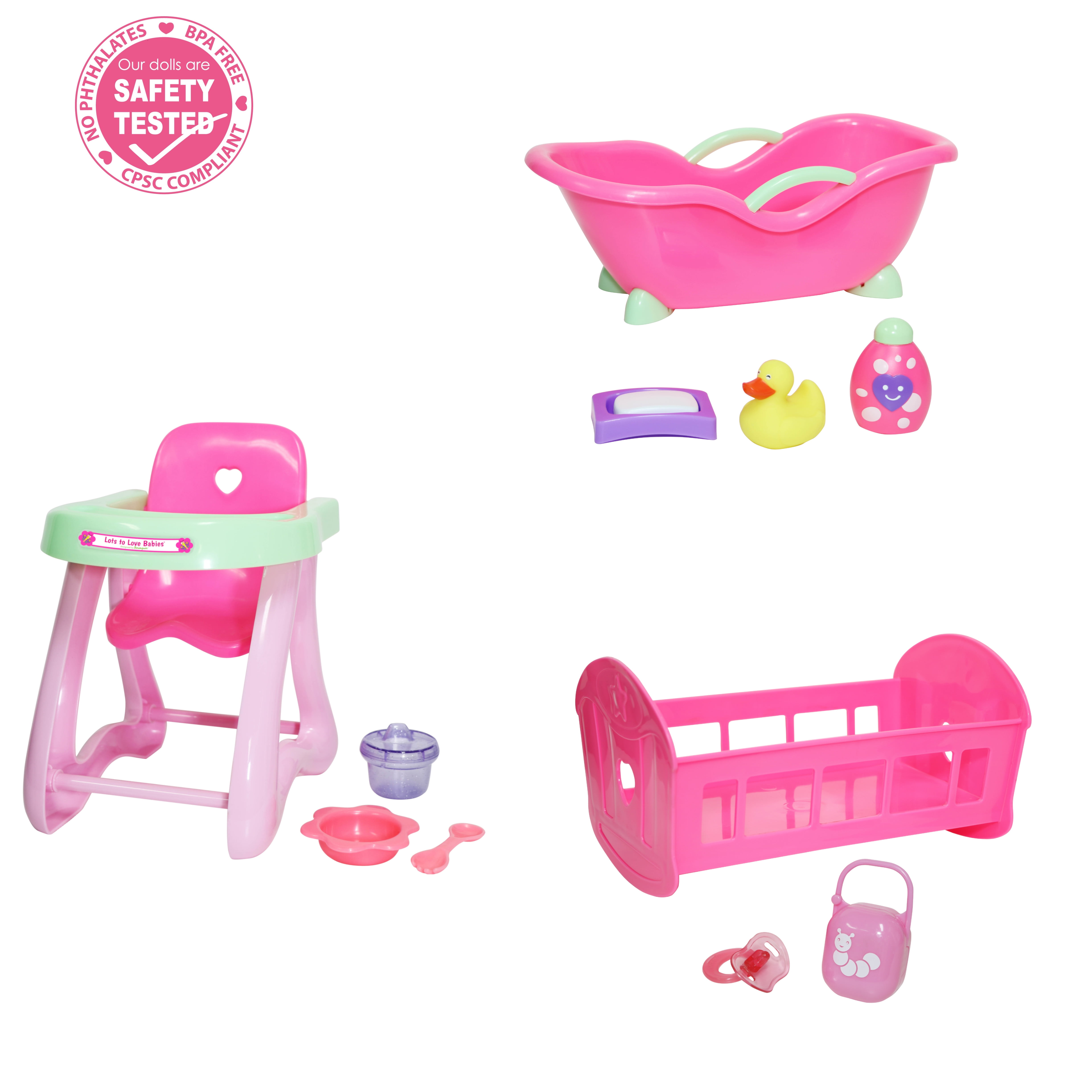 JC Toys Deluxe Doll Accessory Bundle: High Chair, Crib, Bath, Extra ...