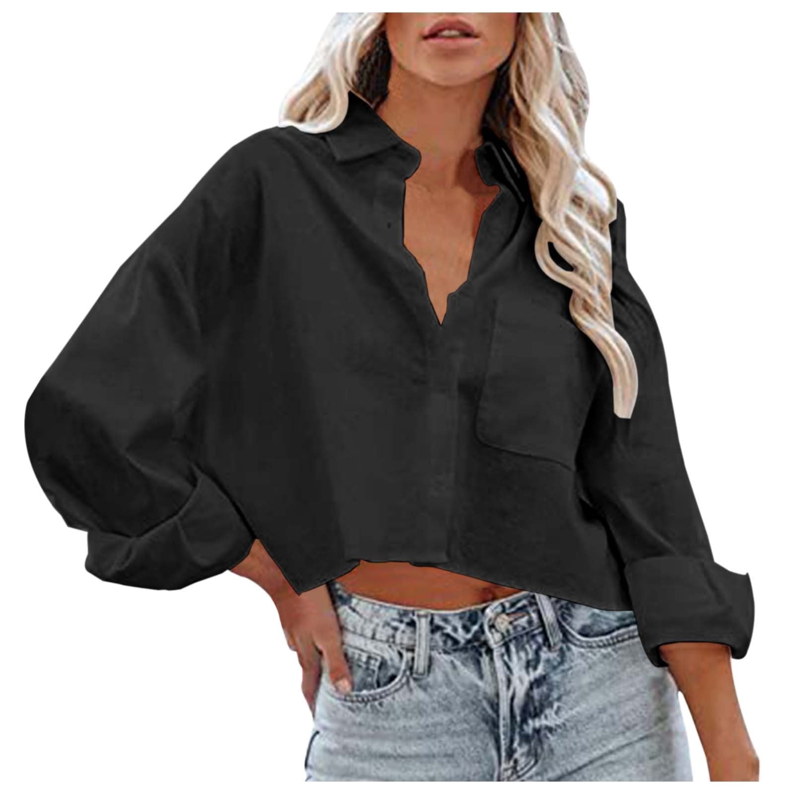 JCCXIN Womens Tops Chic Long Sleeve Crop Button Up Blouse Versatile ...
