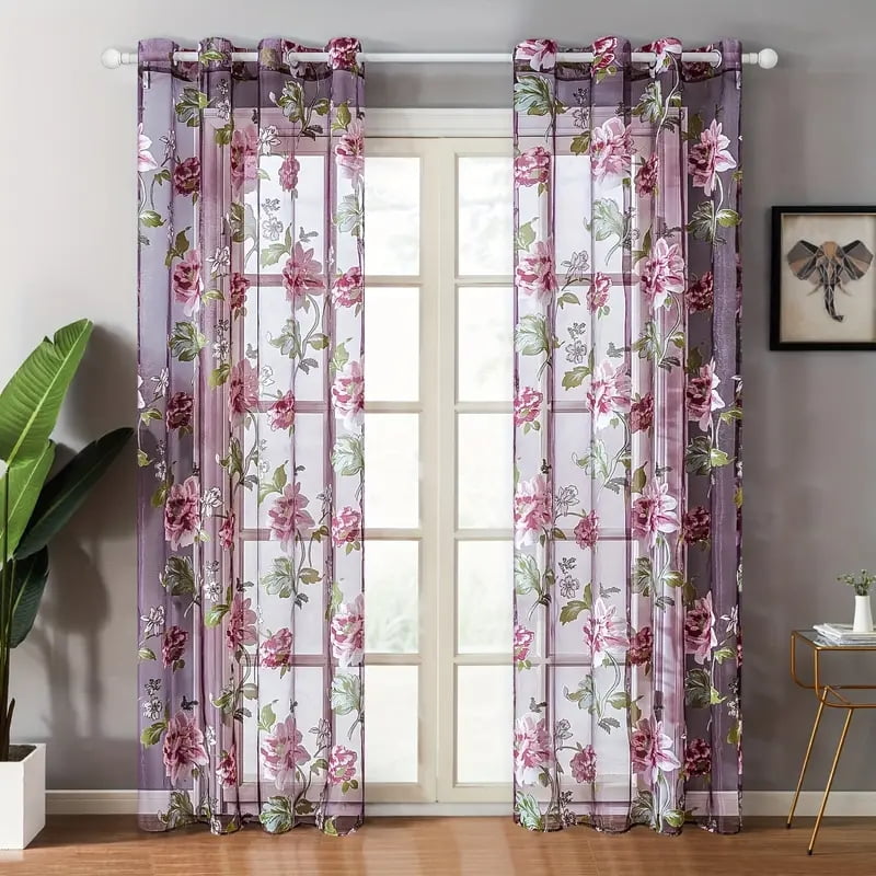 JCDY Sheer Curtains 63 inch Length 2 Panels Purple Floral Drapes for ...