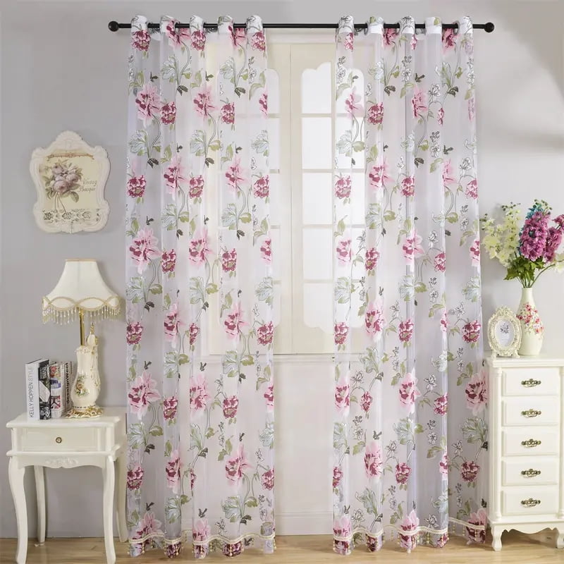 JCDY Sheer Curtains 84 inch Length 2 Panels Pink Floral Drapes for ...