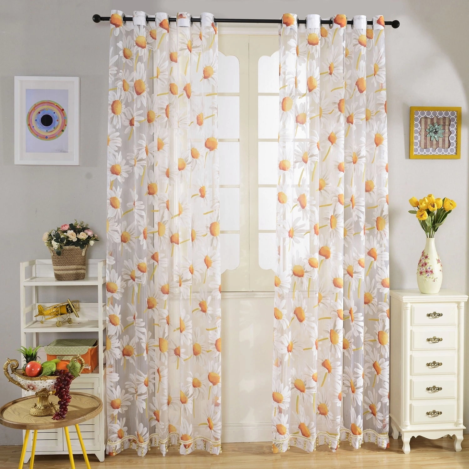 JCDY Sheer Curtains 96 inch Length 2 Panels Sunflower Floral Drapes for ...
