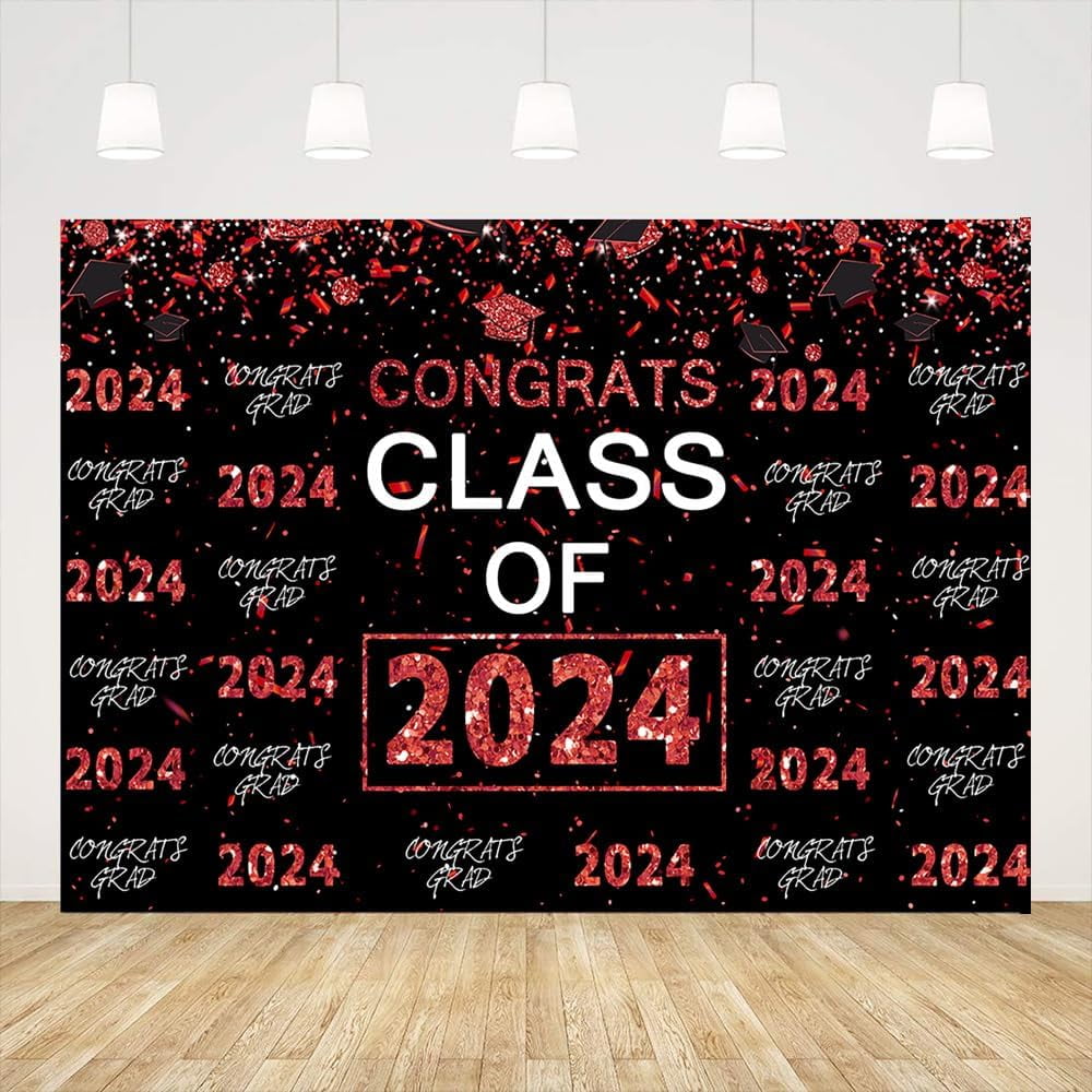 JCSHIT 9x6ft 2024 Graduation Party Backdrop Glitter Black and Red Class ...