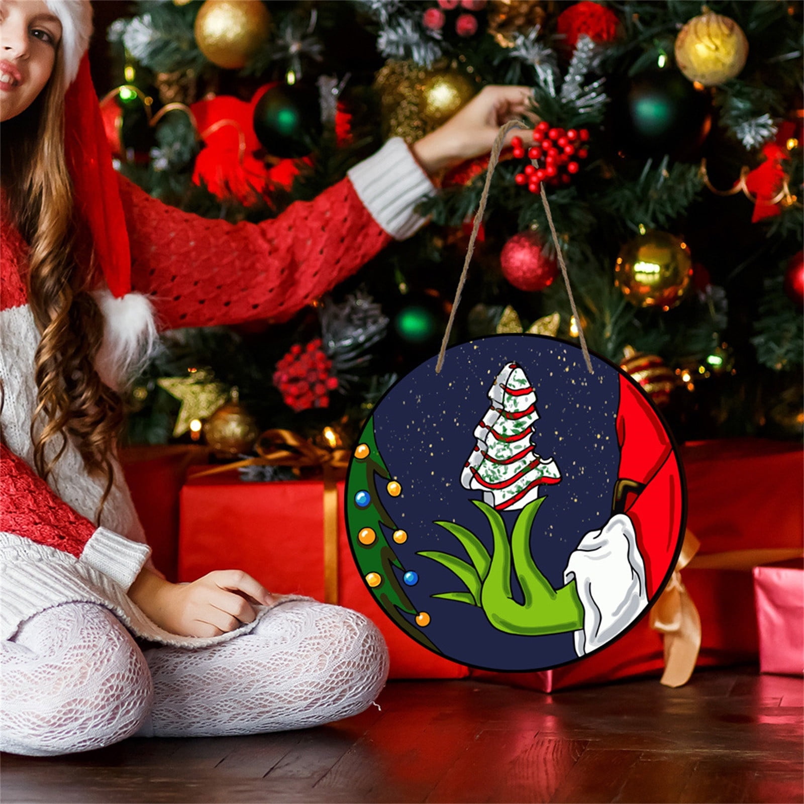 JCToys Grinch Christmas Round Wooden Hanging Front Door Decor Sign ...