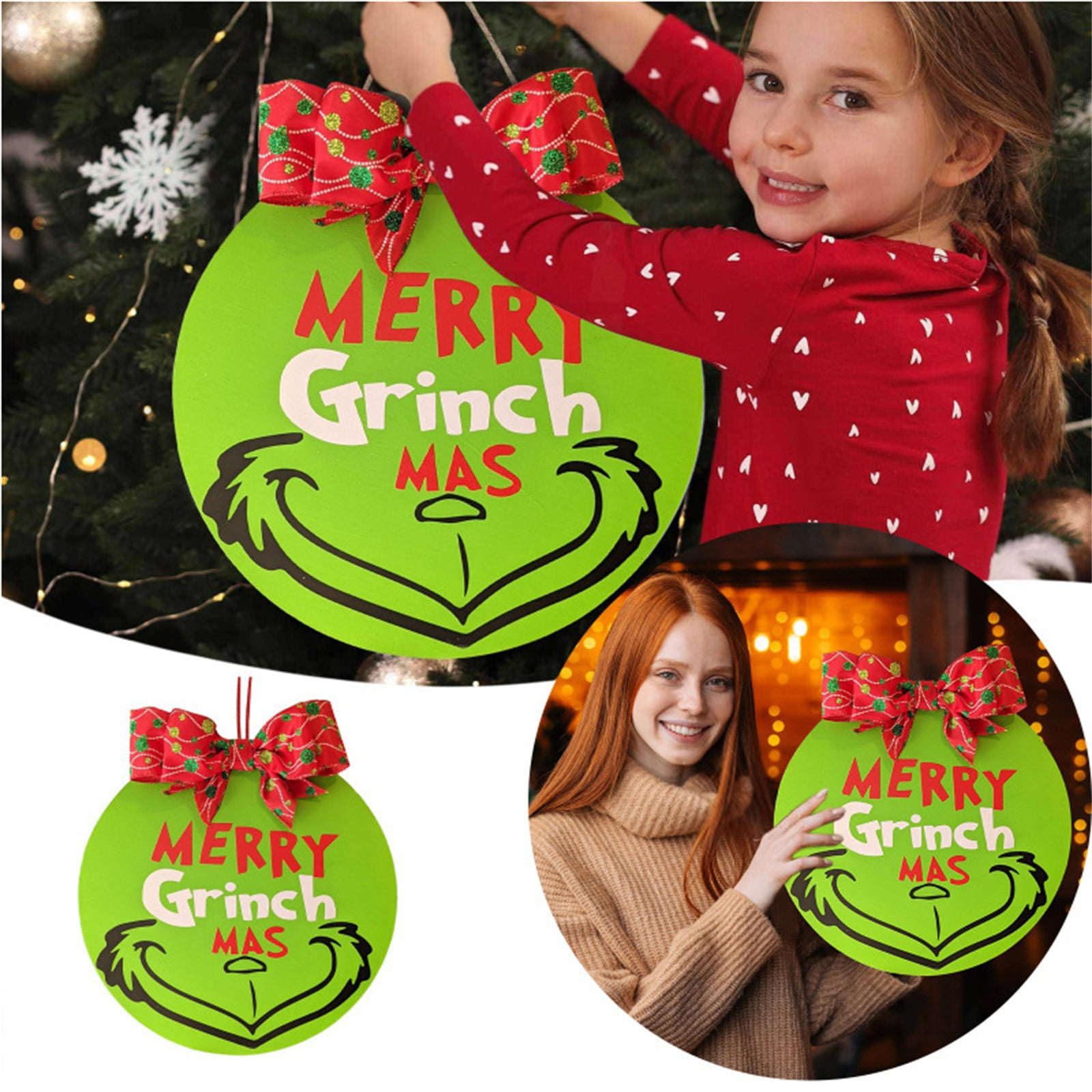 JCToys Grinch Christmas Round Wooden Hanging Front Door Decor Sign ...