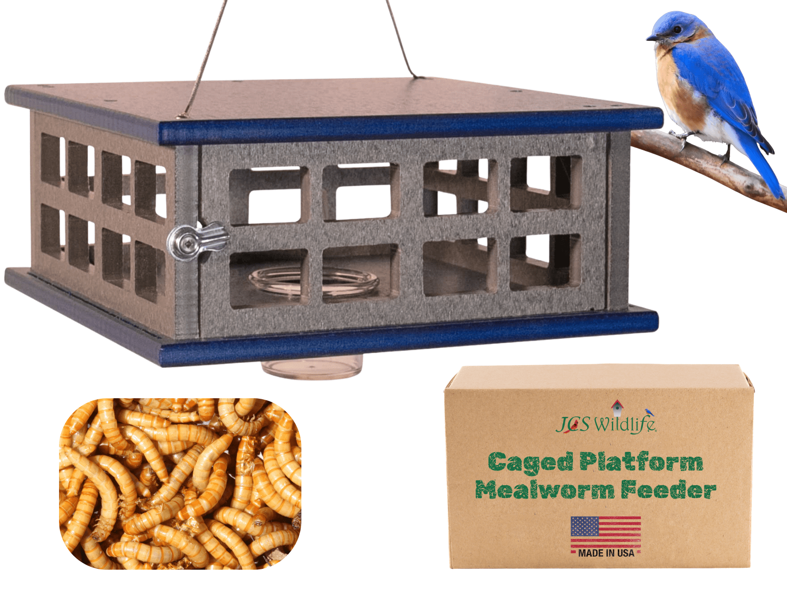JCS Wildlife Recycled Poly Lumber Caged Platform Bluebird Feeder (Gray ...