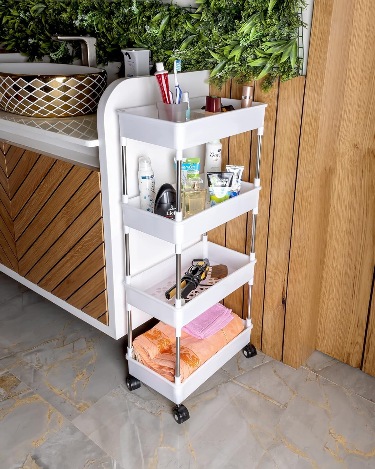 JD Plastic Layer Storage Organizer Slim Rack Shelf with Wheels 4White ...