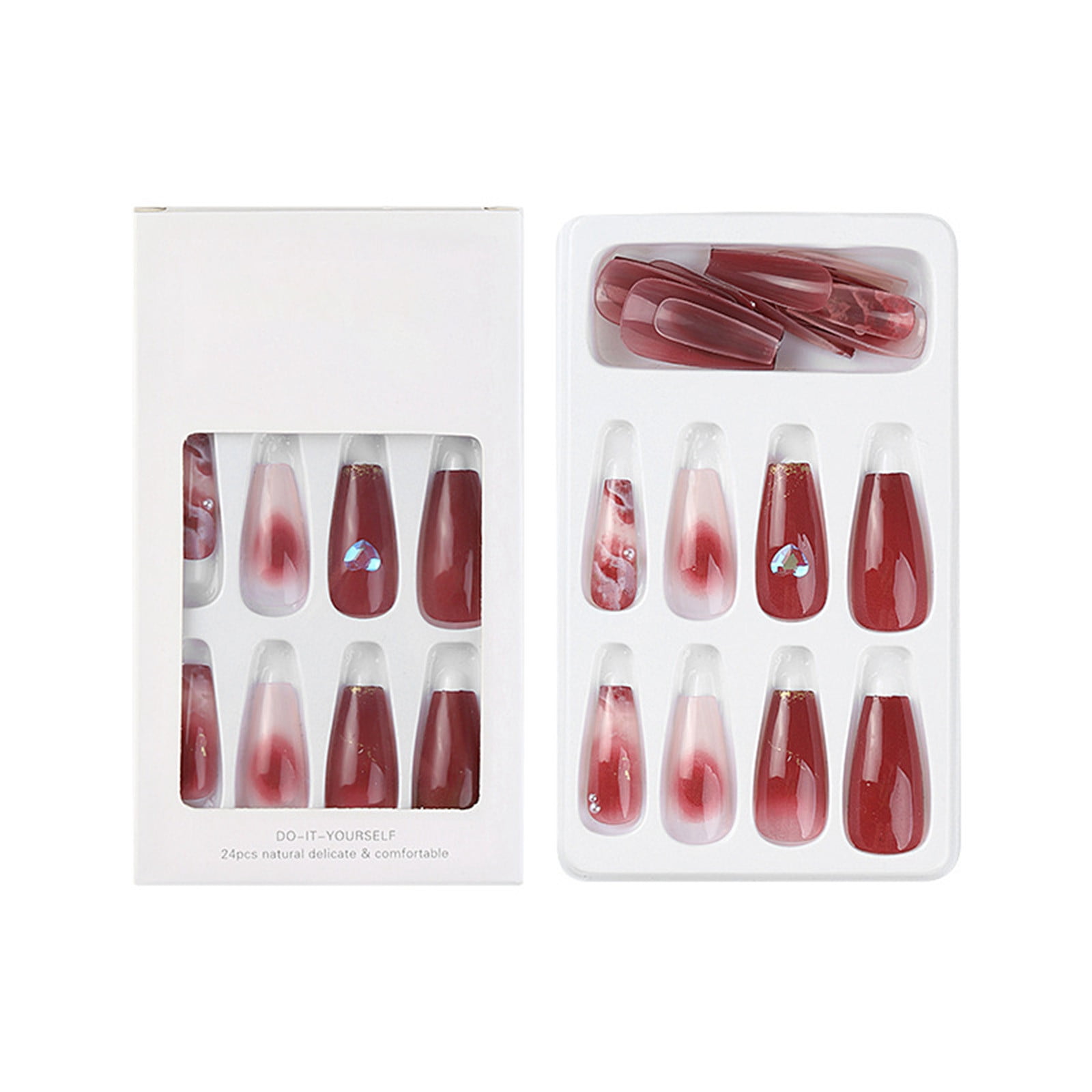 JDEFEG Claret Wear on Nails Love Gradient False Nail Tips Pearl Broken ...