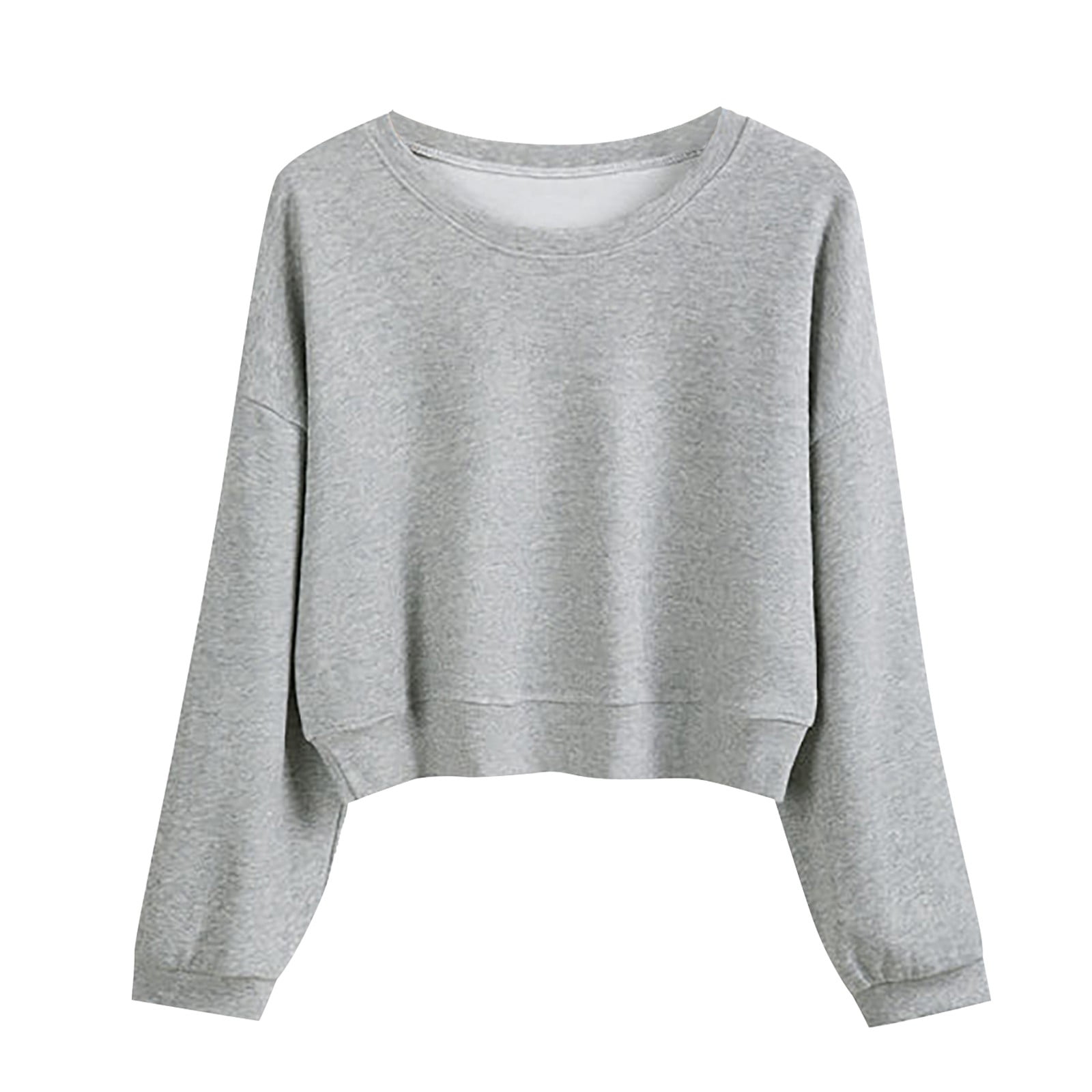 JDEFEG Crop Top Sweatshirt Cotton Women's Solid Color Round Neck Casual ...