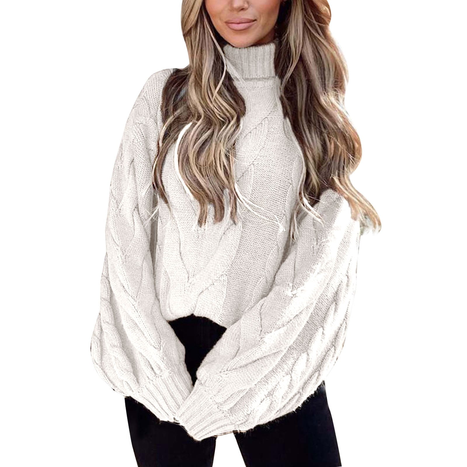 JDEFEG Loose Turtleneck Sweater Women Women's Flared Sleeve Pullover Knit Sweater High Neck ...