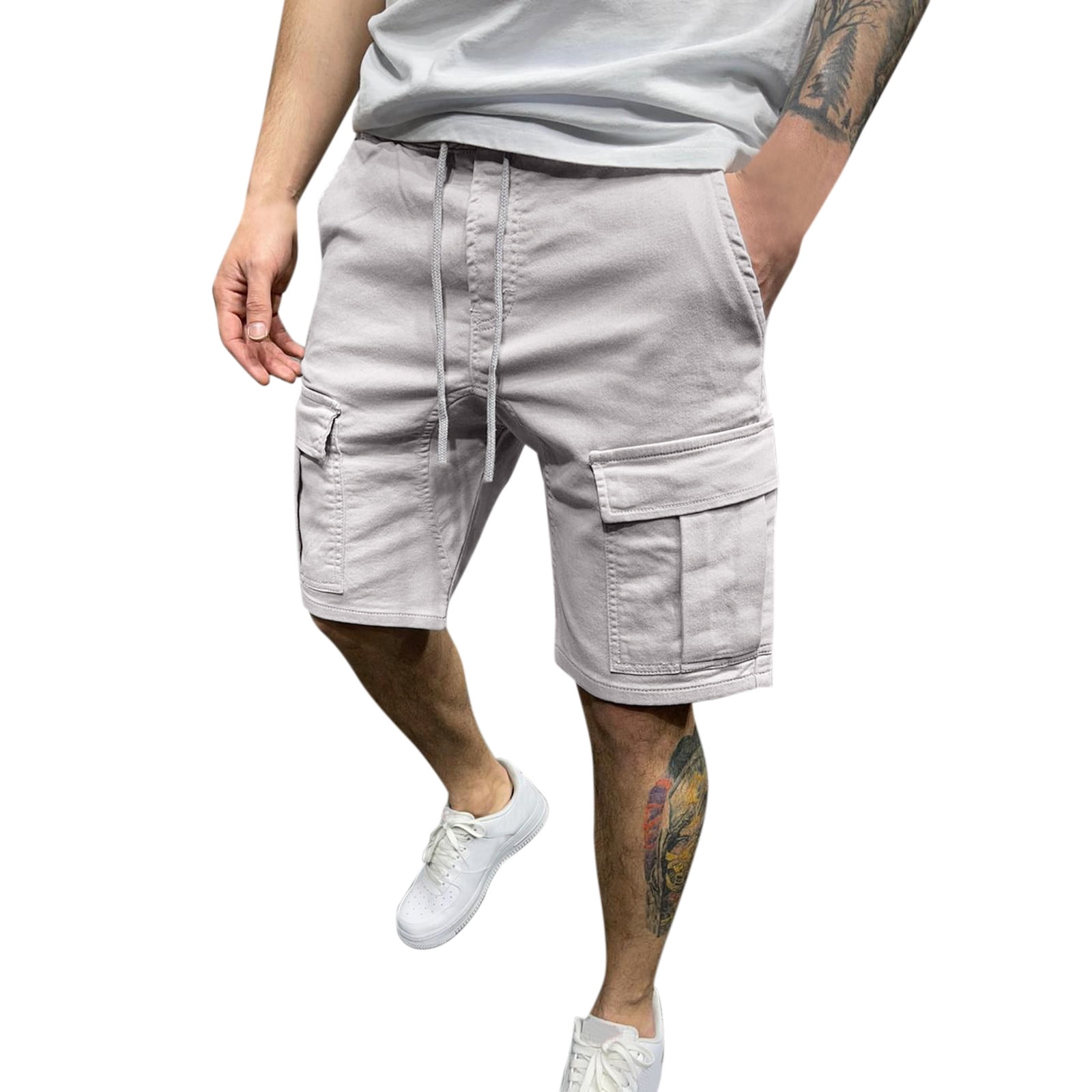 JDEFEG Mens Tan Shorts Solid Cargo Pocket Drawstring Male Pant Summer ...