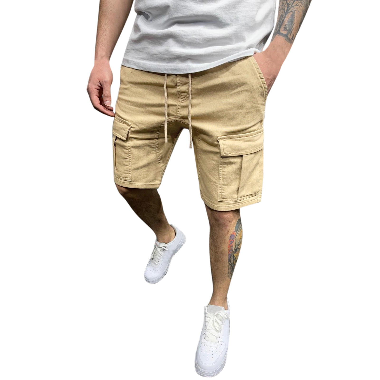 JDEFEG Mens Tan Shorts Solid Cargo Pocket Drawstring Male Pant Summer ...