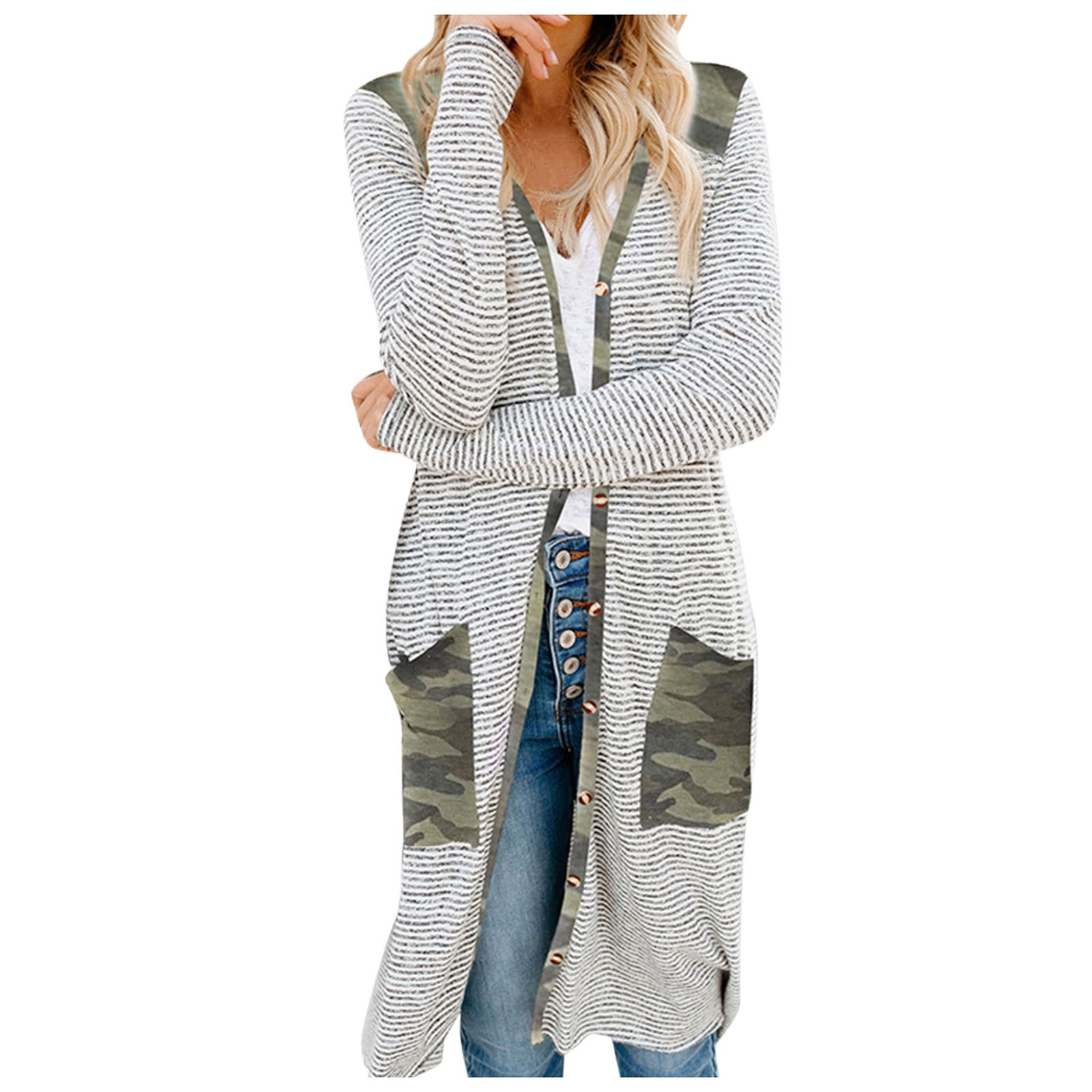 JDEFEG Petite Cardigan Women Stripe Leopard Print Patchwork Long Sleeve ...
