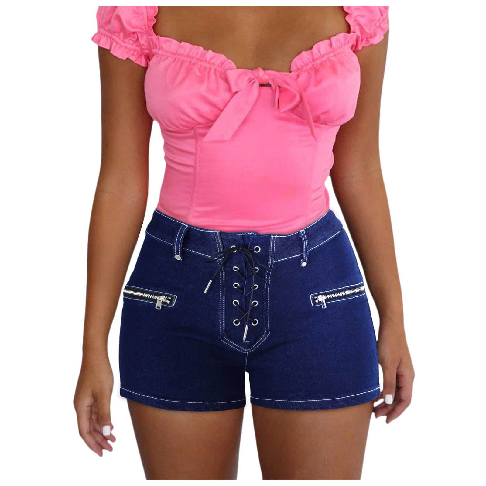 JDEFEG Shorts for Women Casual Mid Rise Denim Shorts Drawstring Stretch ...