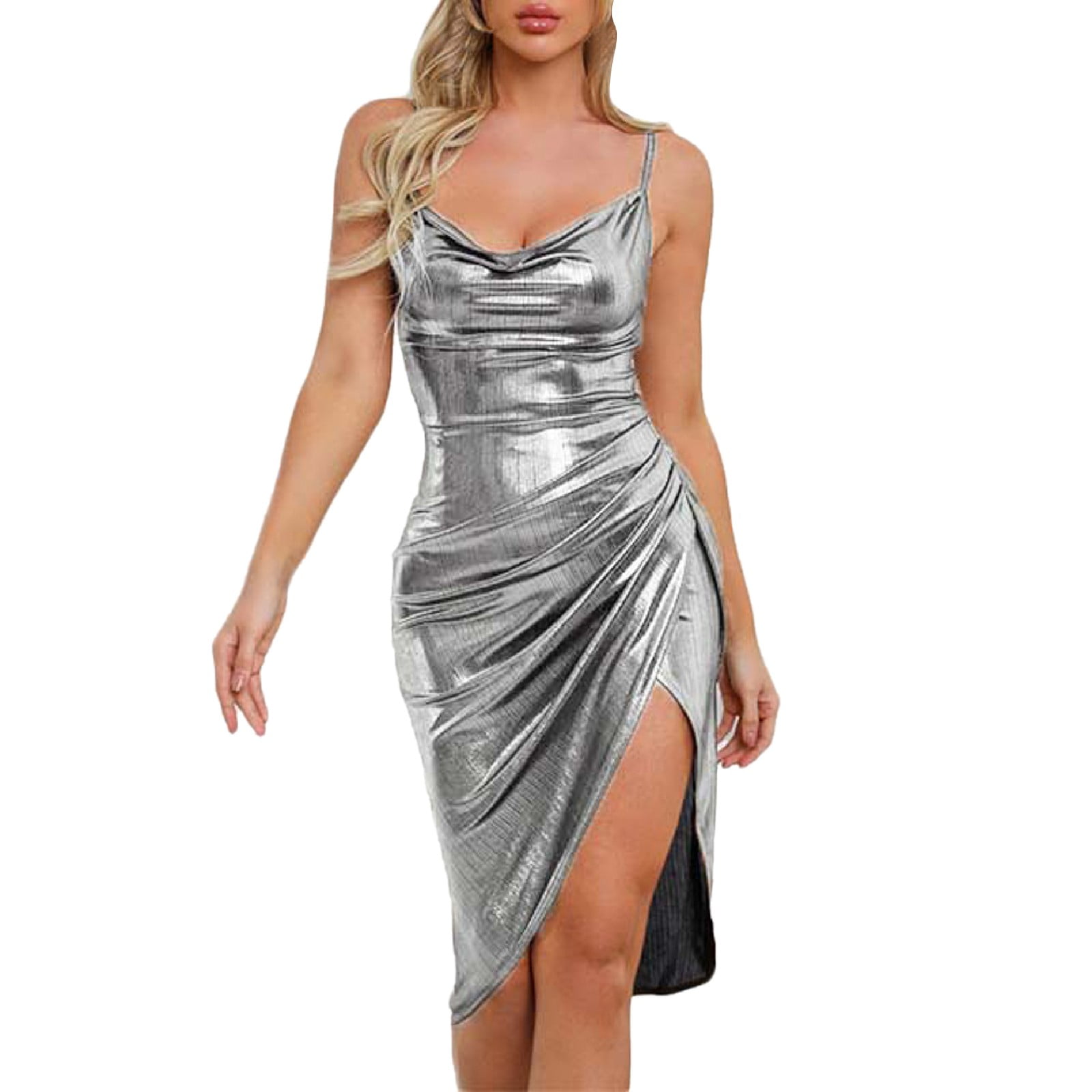 JDEFEG Slim Fit Dresses for Women Shiny Dress Crew Neck Skinny Strap ...