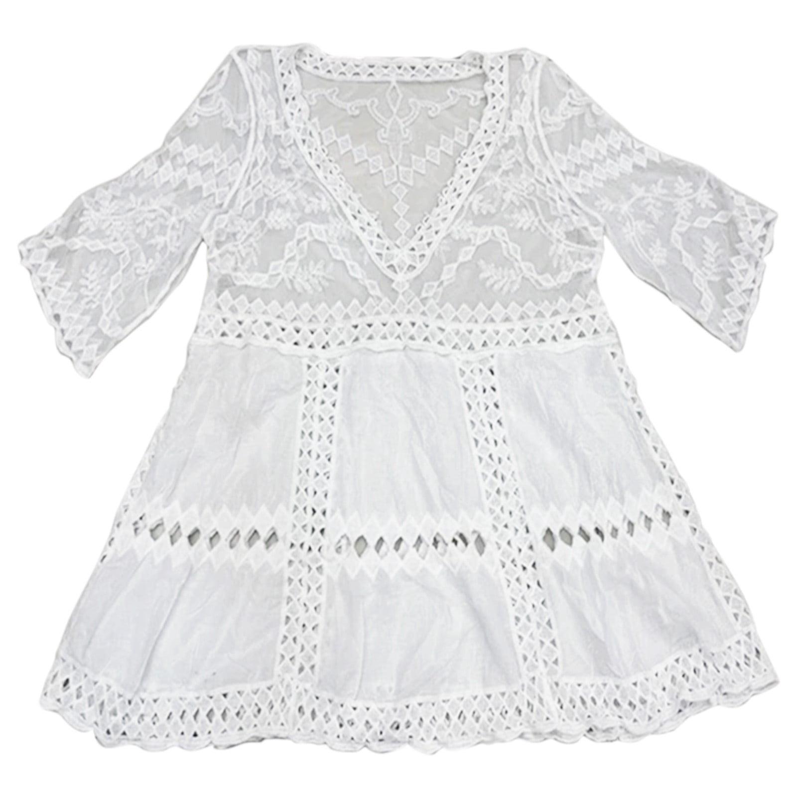 JDEFEG Swim Cover Up for Women Beach Smock Hollowed Out V Neck Bikini ...