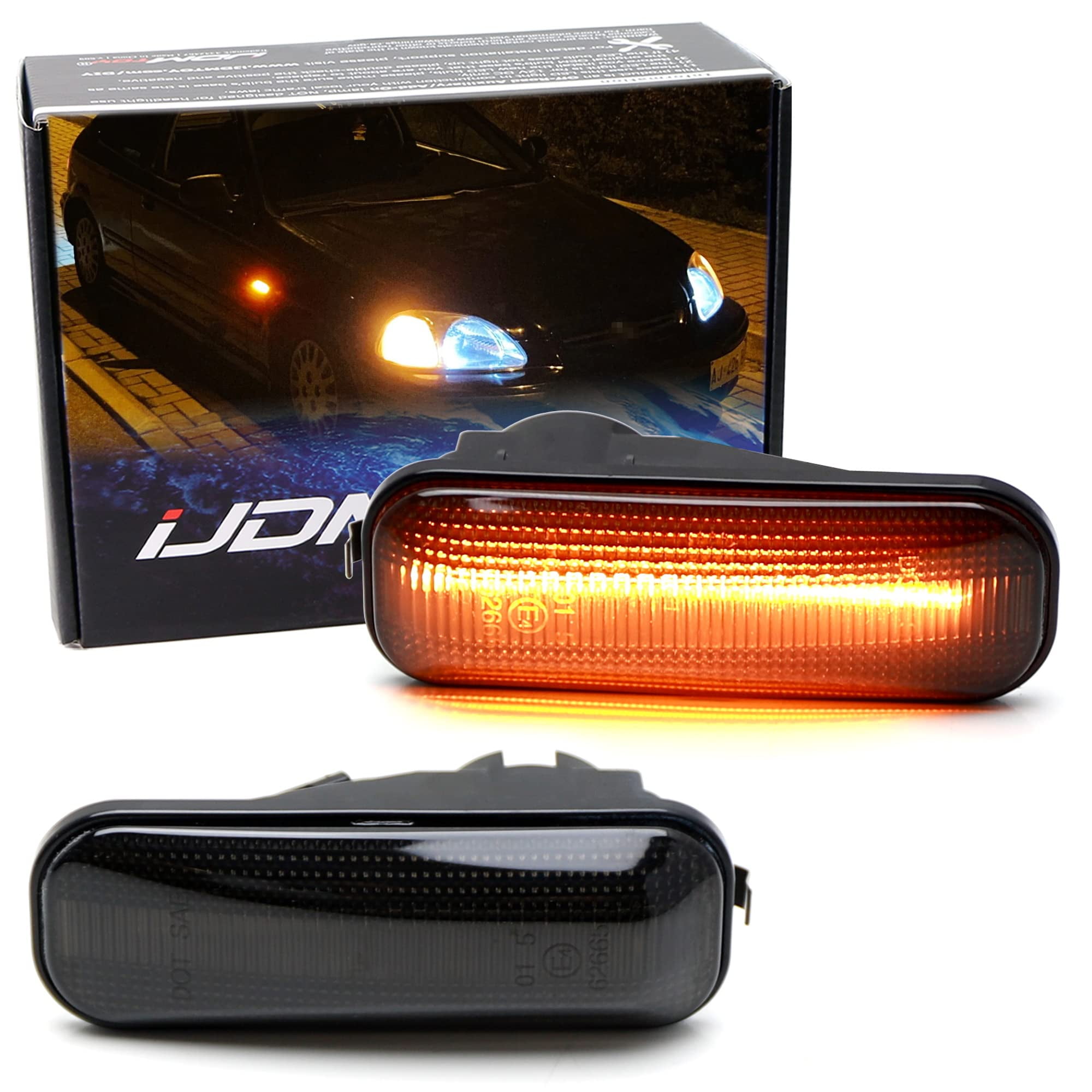 JDM-Spec Black-Out Smoked Lens Amber Full LED Front Fender Side Marker Lights w/Wiring Pigtails ...