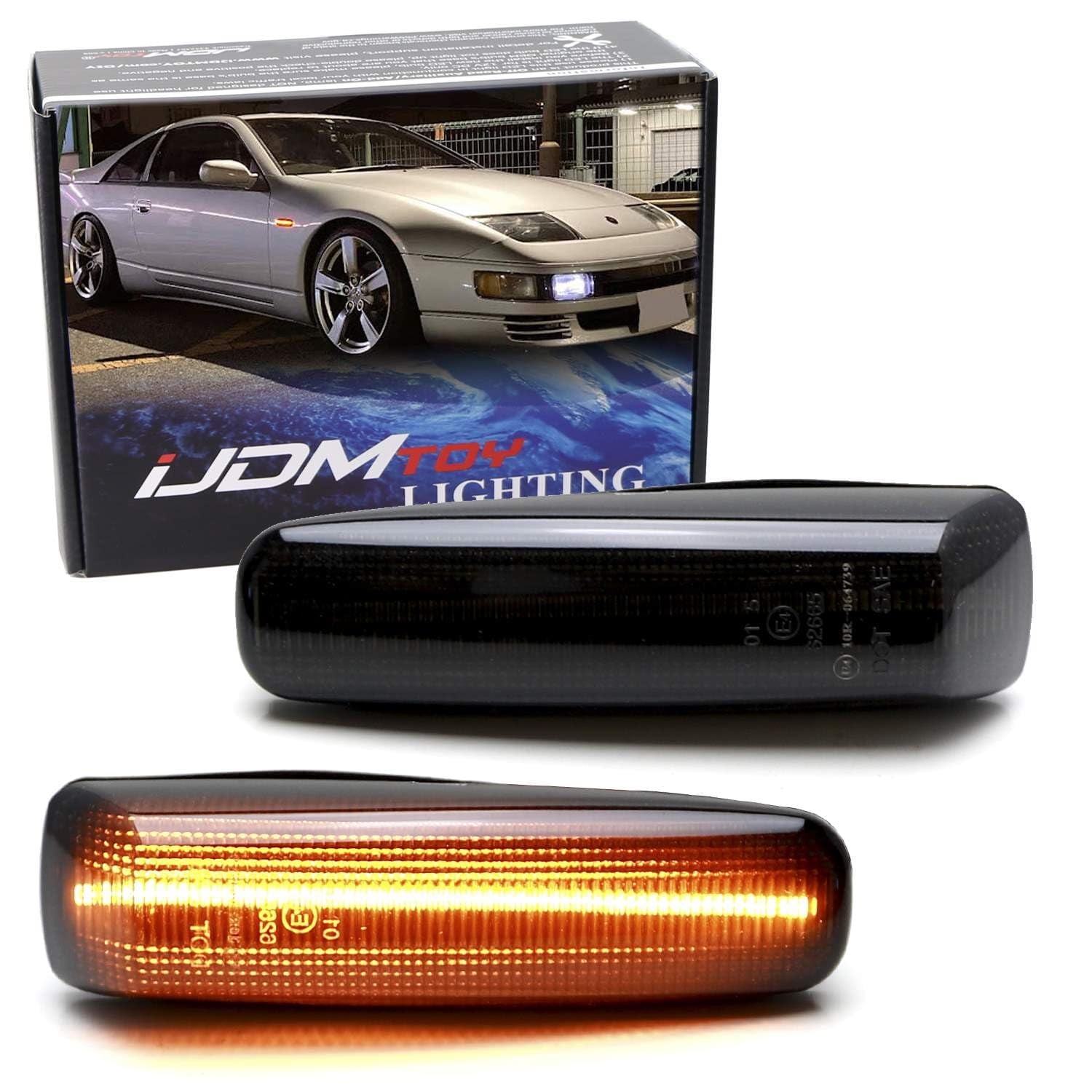 JDM-Spec Black-Out Smoked Lens Amber LED Sequential Blink Front Fender Side Marker Lights w ...