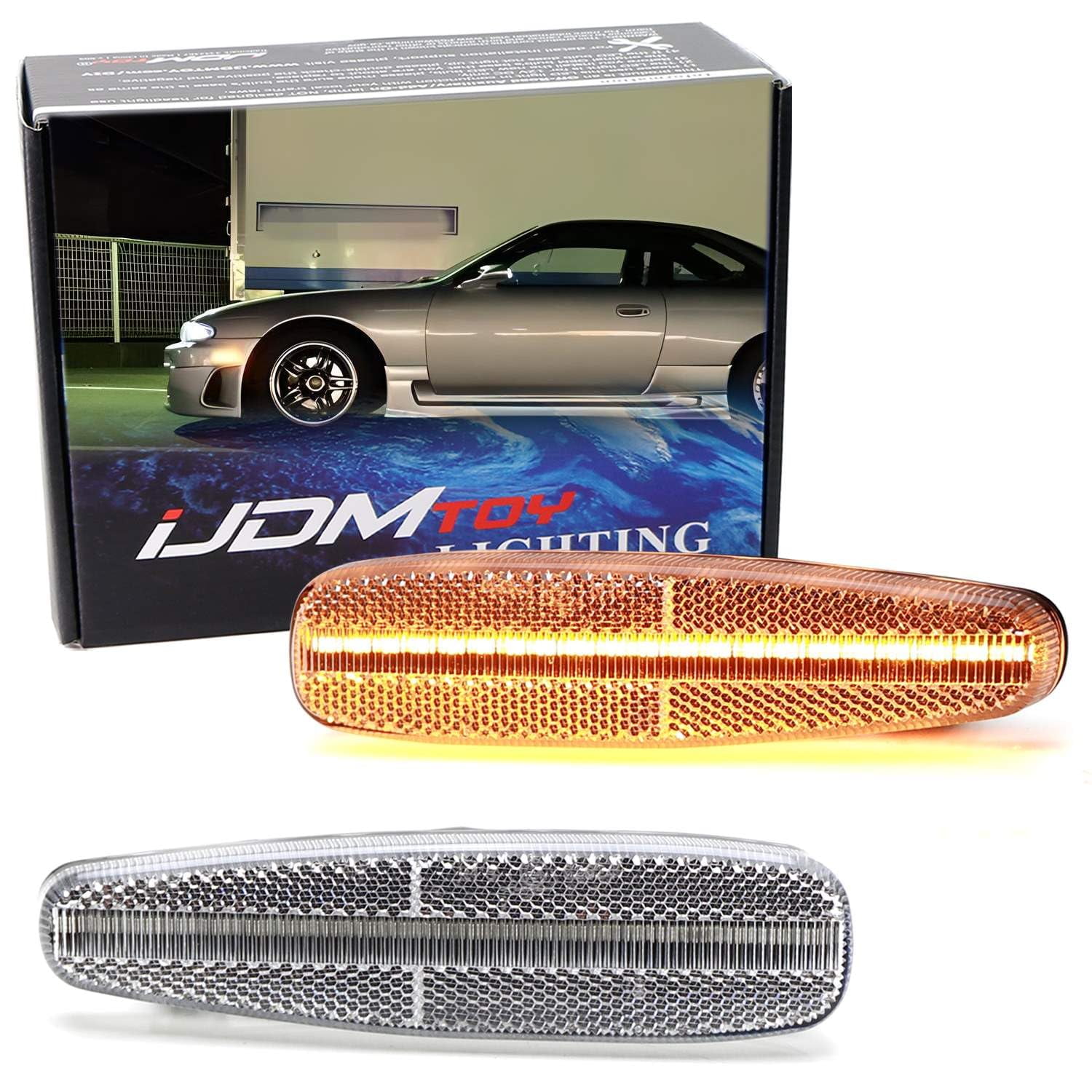 JDM Style Semi-Clear Lens Front Bumper Amber Full LED Strip Side Marker Light Kit, For 1995-1998 ...