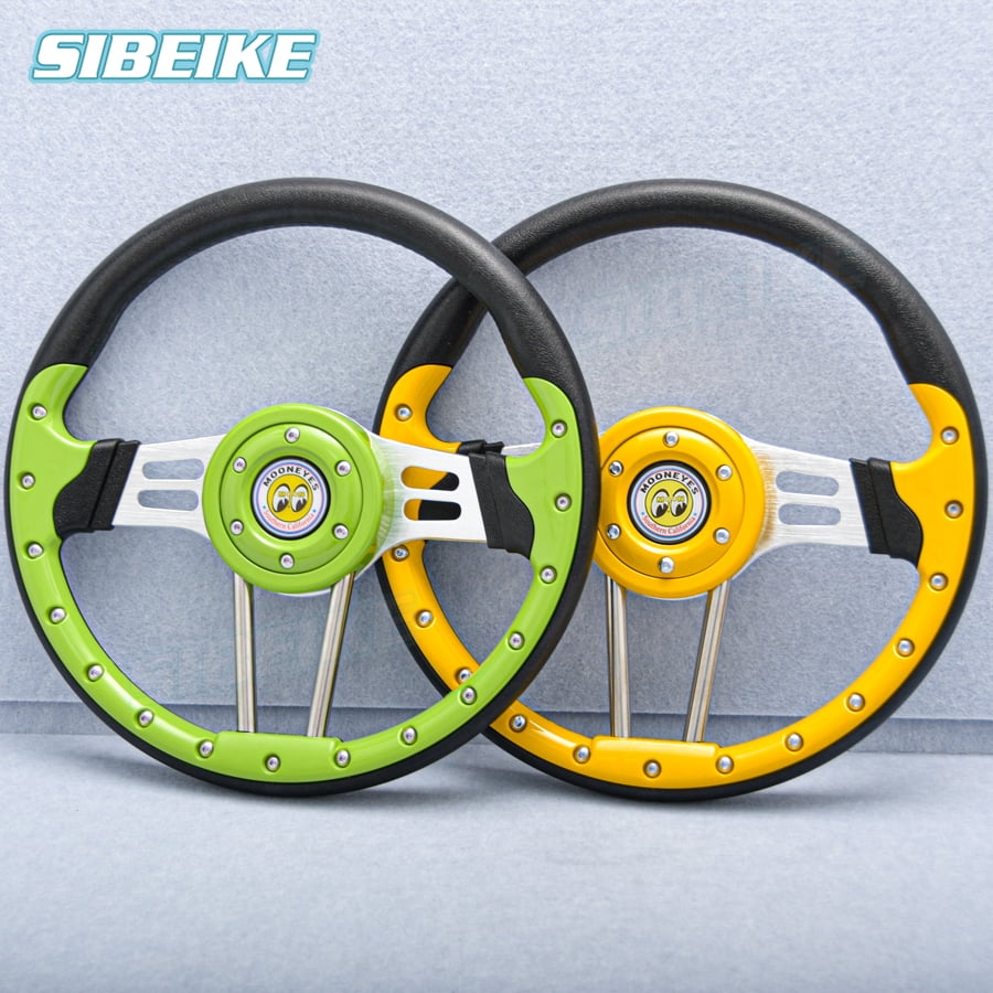JDM Universal Green Yellow PU Leather Steering Wheel Flat Dish Sim ...