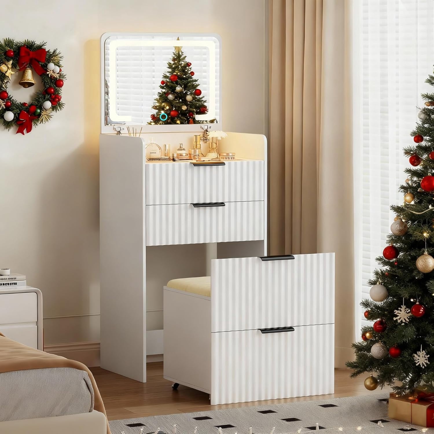 JDPAG LED 3 in 1 Vanity Desk with Flip Top Mirror, Small Makeup Table ...