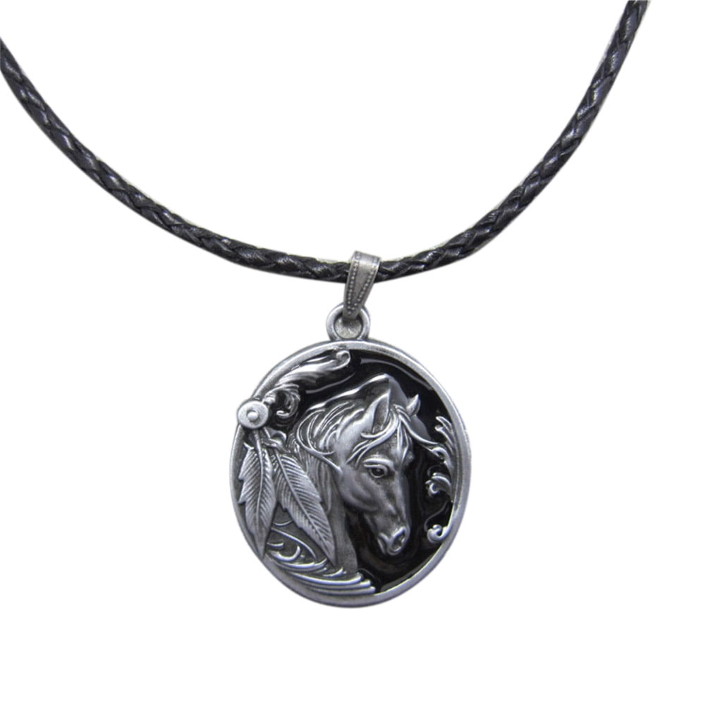 JEAN'S FRIEND Black Horse Oval Metal Charm Pendant Leather Necklace ...