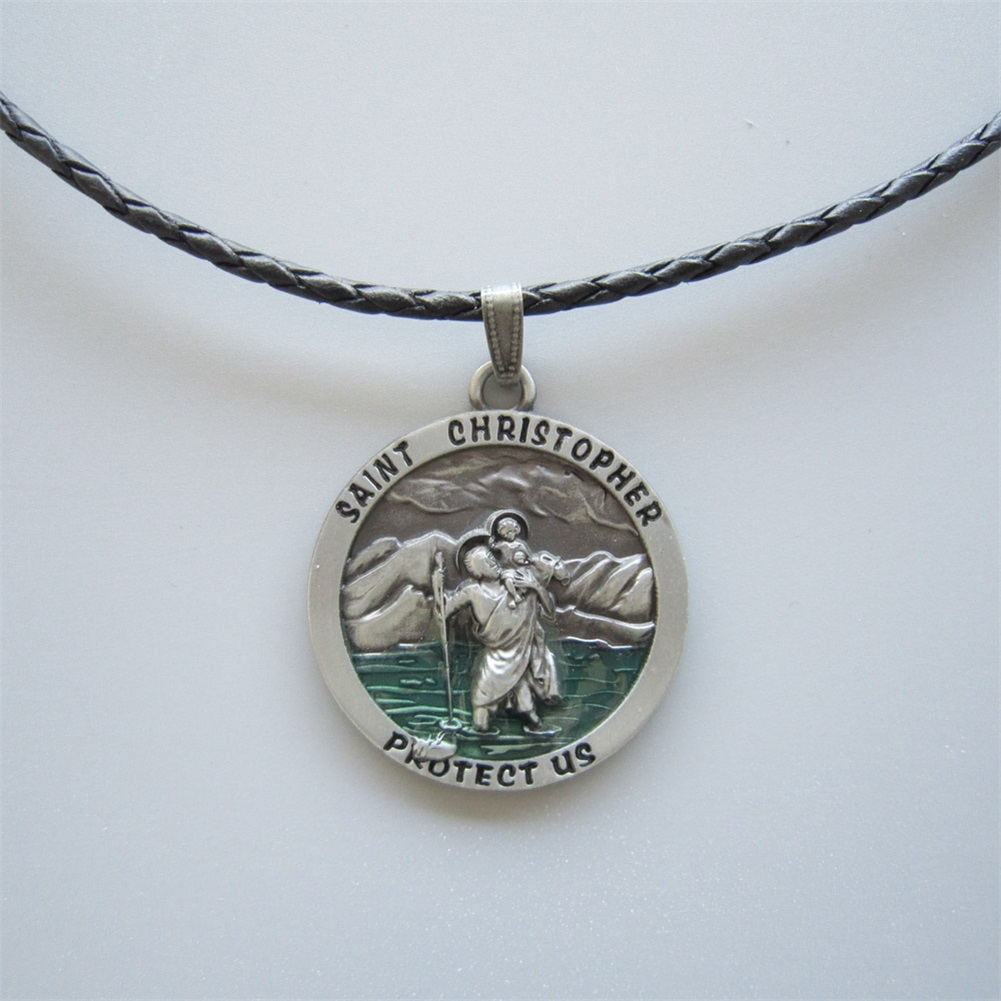 JEAN'S FRIEND Saint Christopher Metal Round Pendant Leather Necklace ...
