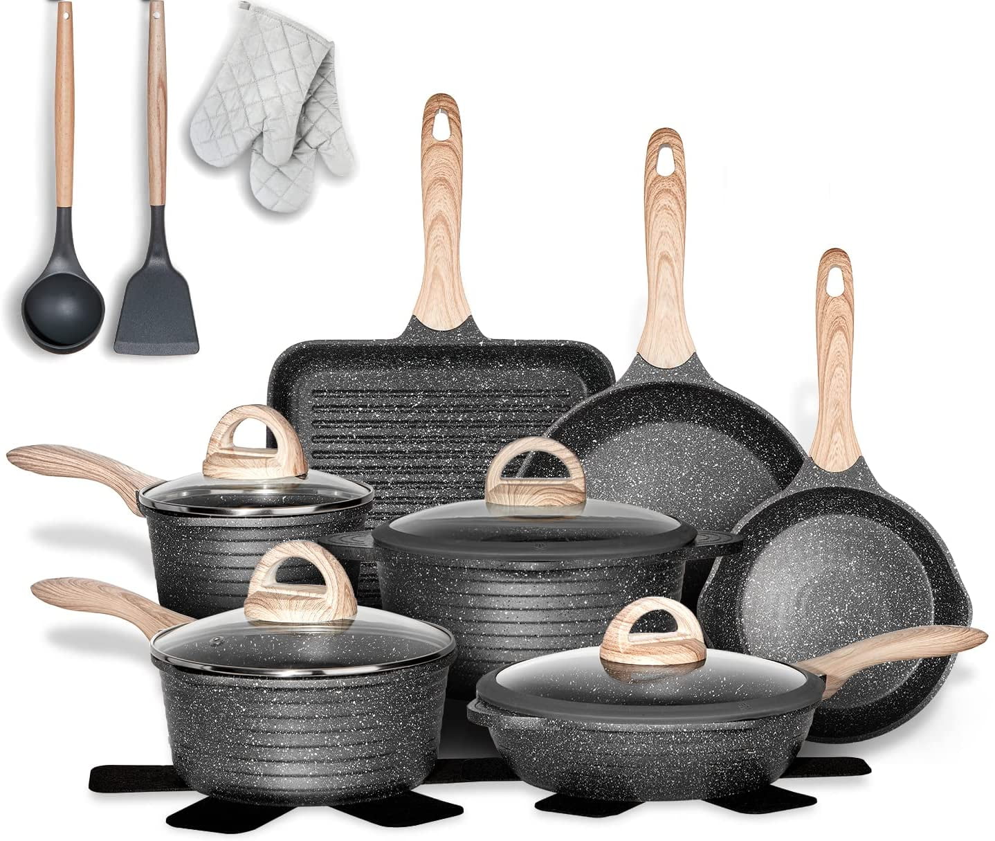 JEETEE Pots and Pans Set Nonstick 20PCS, Granite Coating Induction ...