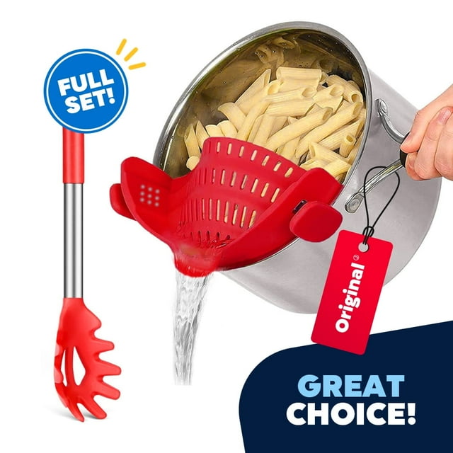 JEEXI Silicone Clip-On Pasta and Pot Strainer with Snap Handle - Red ...