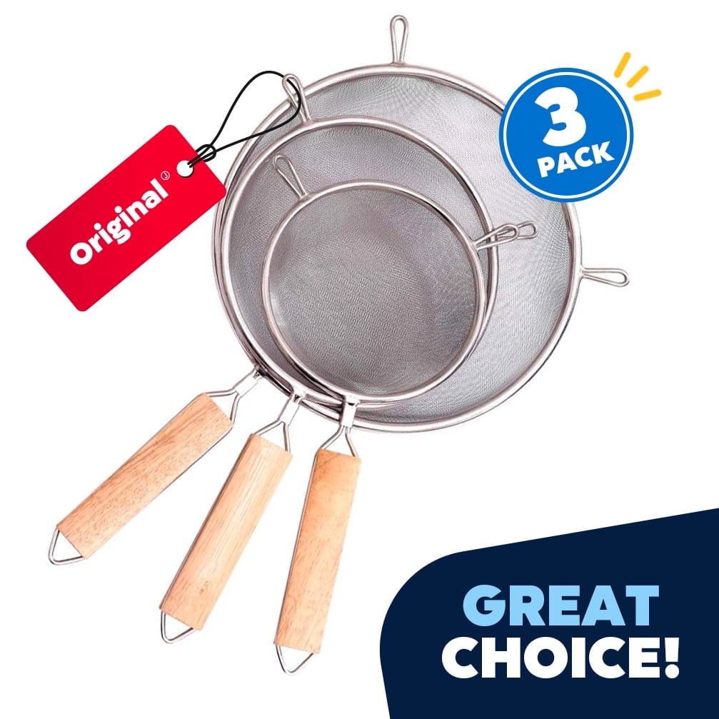 JEEXI Stainless Steel Set of 3 Fine Mesh Strainers with Wooden Handles ...
