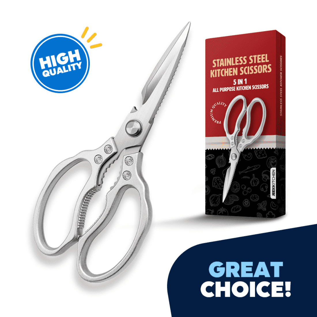 JEEXI Stainless Steel Kitchen Scissors, Heavy Duty, Dishwasher Safe ...