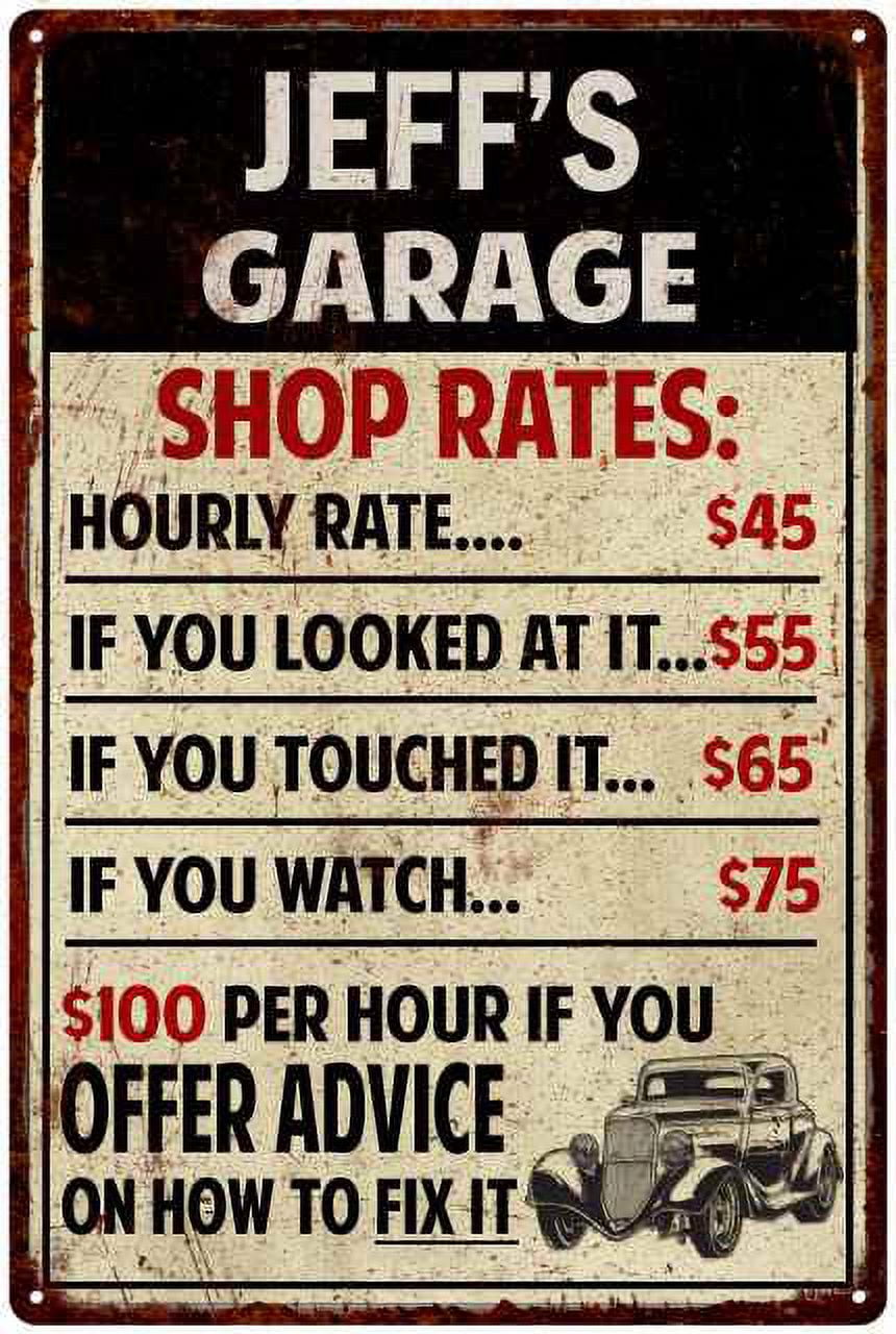 JEFF'S Garage Shop Rates Sign Man Cave Decor Gift 8x12 Metal ...