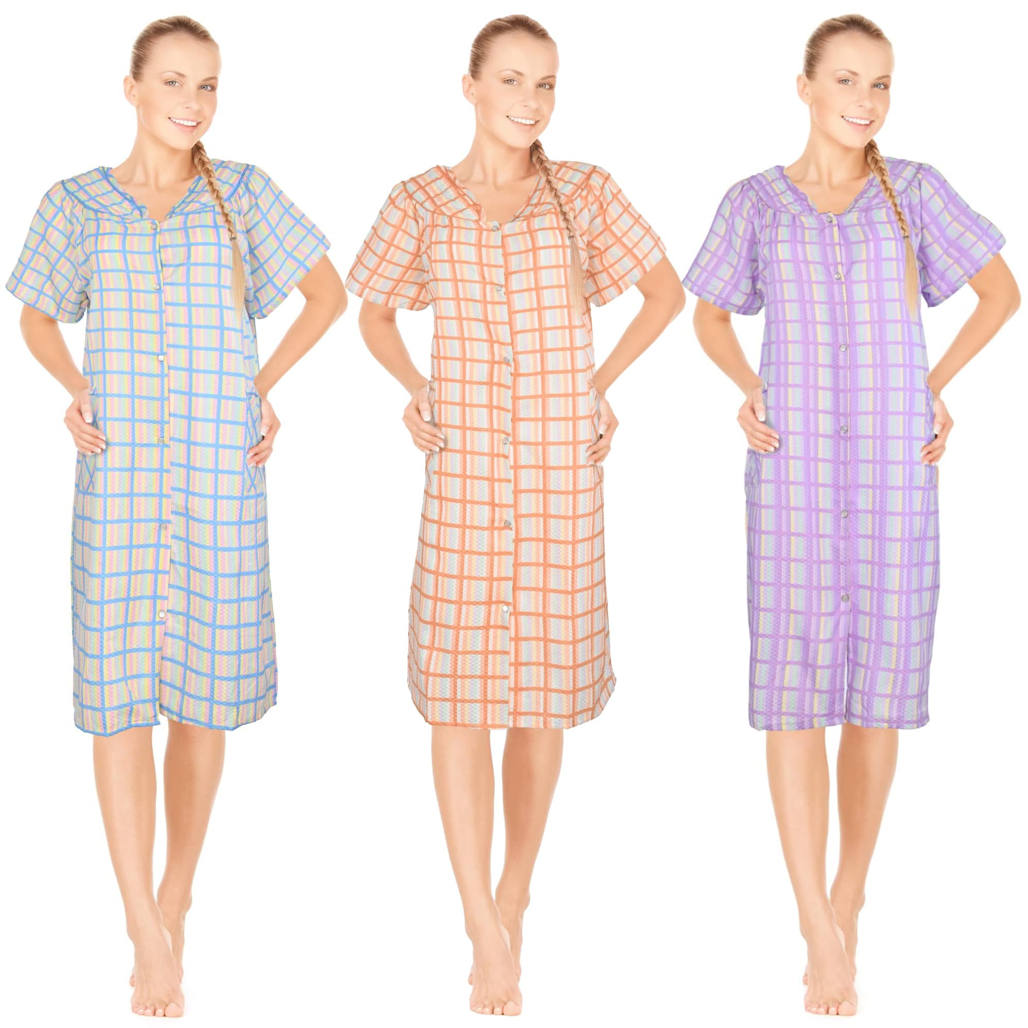 JEFFRICO Womens 3 Pack Dusters For Women Snap Front Housecoat Lounger ...