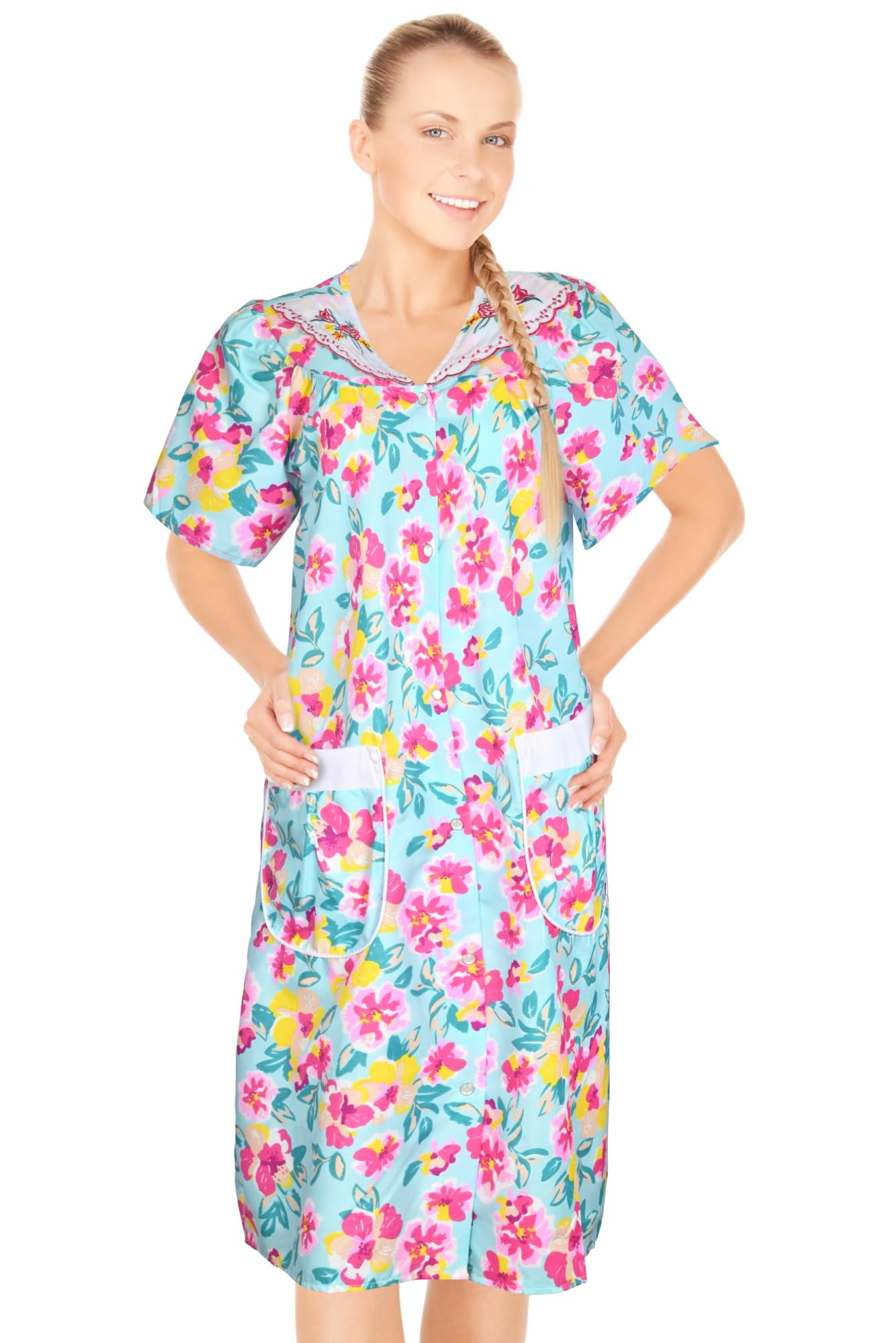 JEFFRICO Women's Snap Front Housecoat Duster, Short Sleeve Nightgown ...