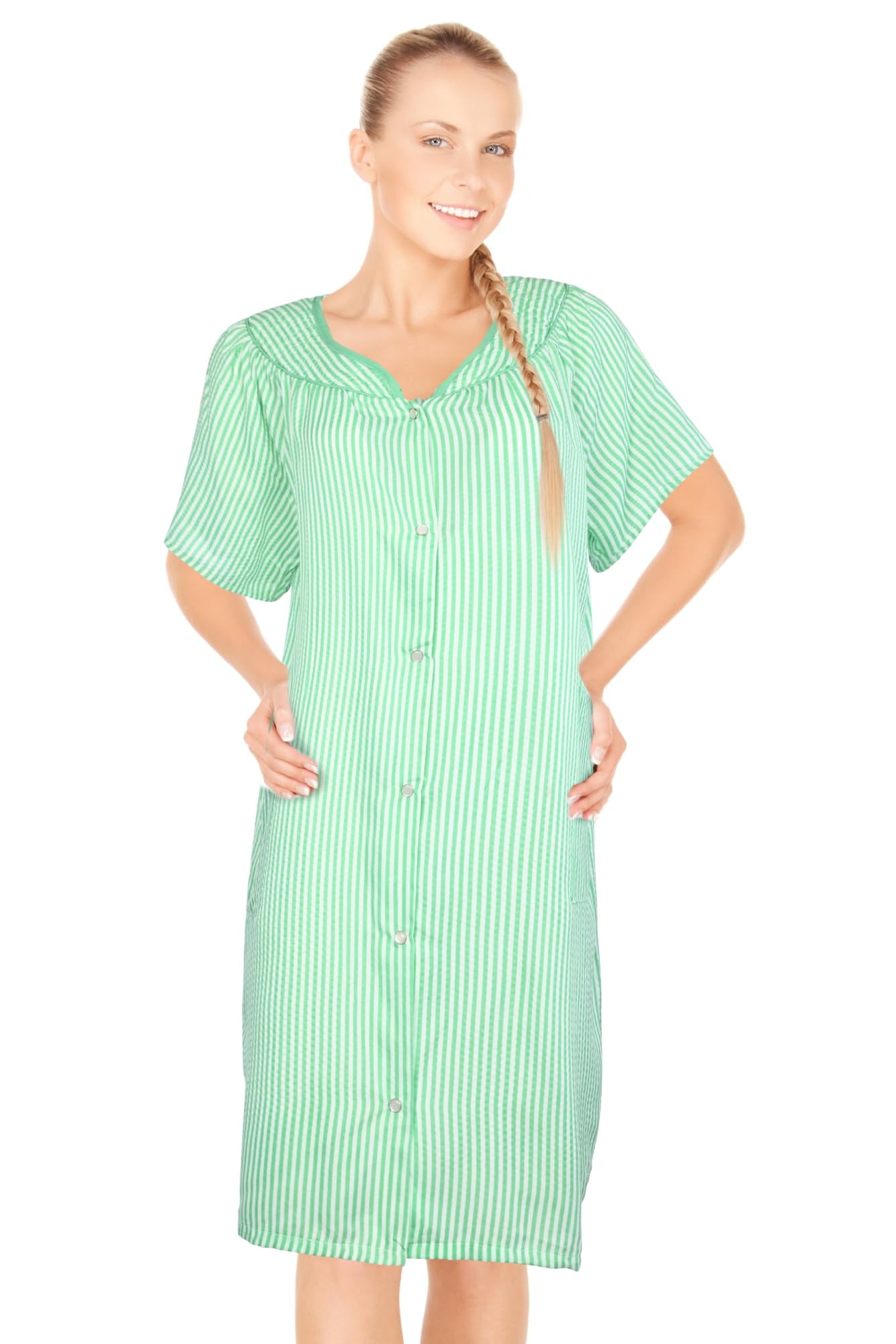 JEFFRICO Women's Snap Front Housecoat Duster, Short Sleeve Nightgown ...