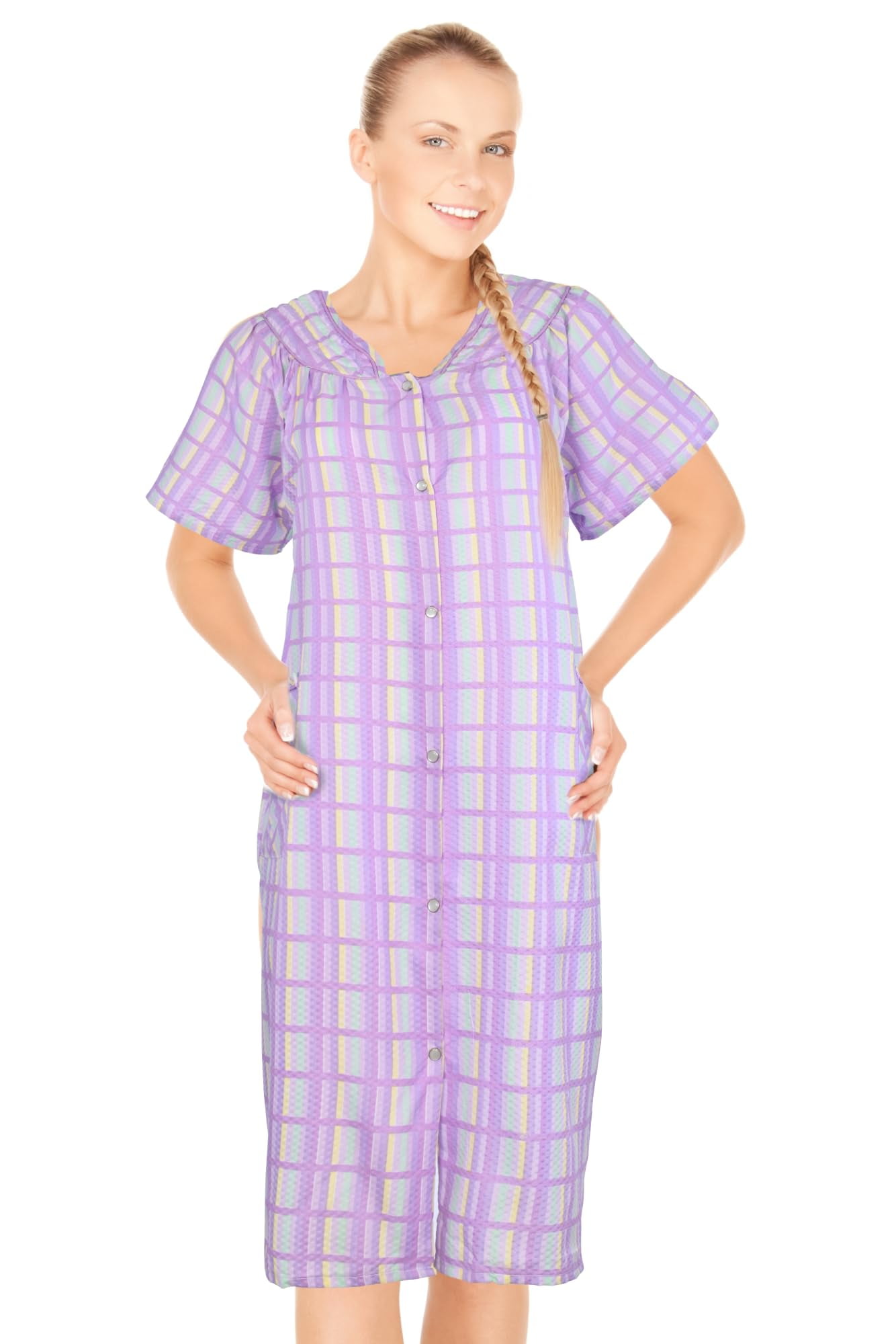 JEFFRICO Women's Snap Front Duster Housecoat, Short Sleeve Nightgown ...